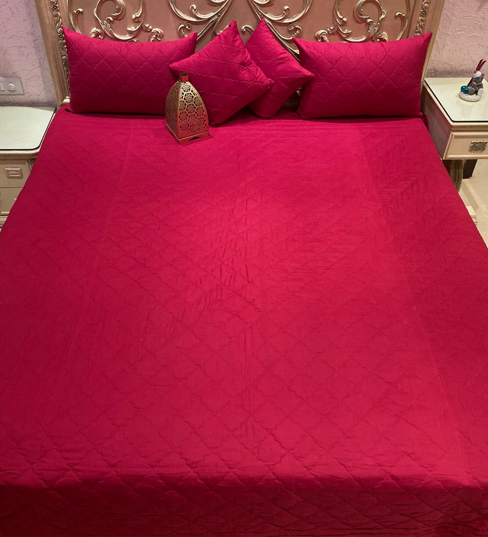 Buy Red Solid TC 300 Cotton Bedcover With 2 Pillow Covers And 2 Cushion ...