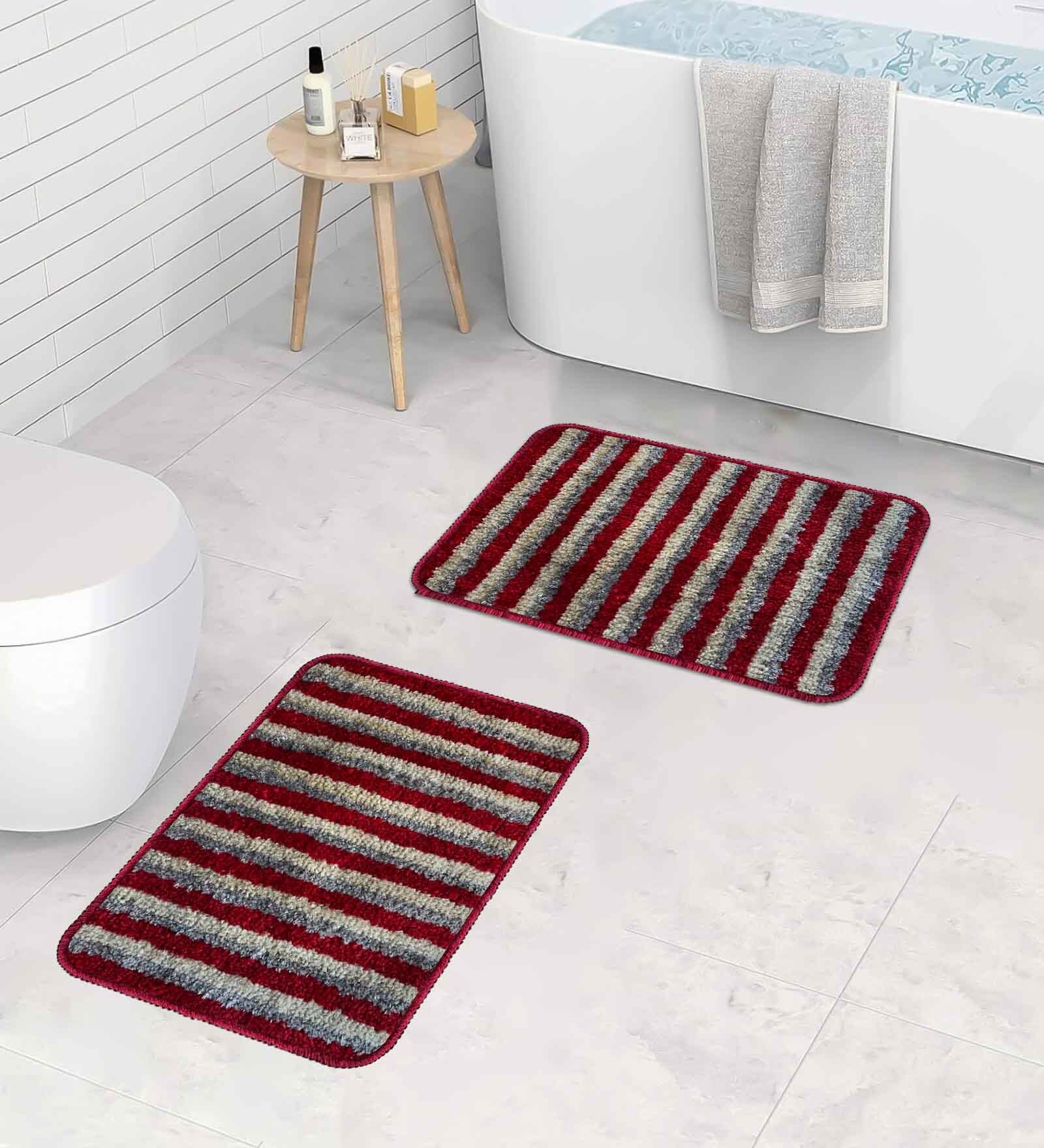 Buy Red Striped Microfiber 14x20 Inches AntiSkid Bath Mats (Pack of 2 ...