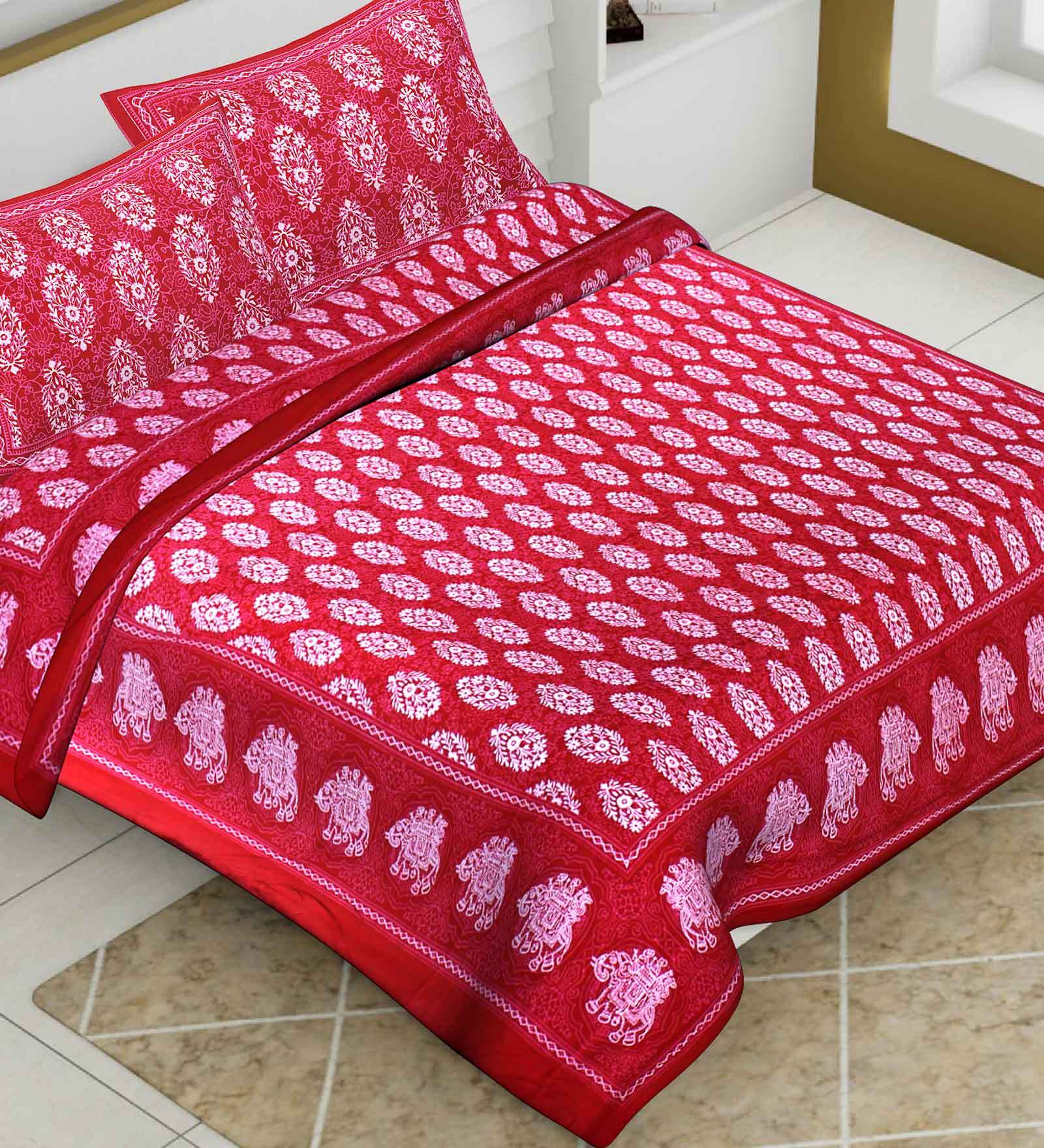Buy Red Traditional 220 TC Cotton King Sized Bed Sheets with 2 Pillow ...
