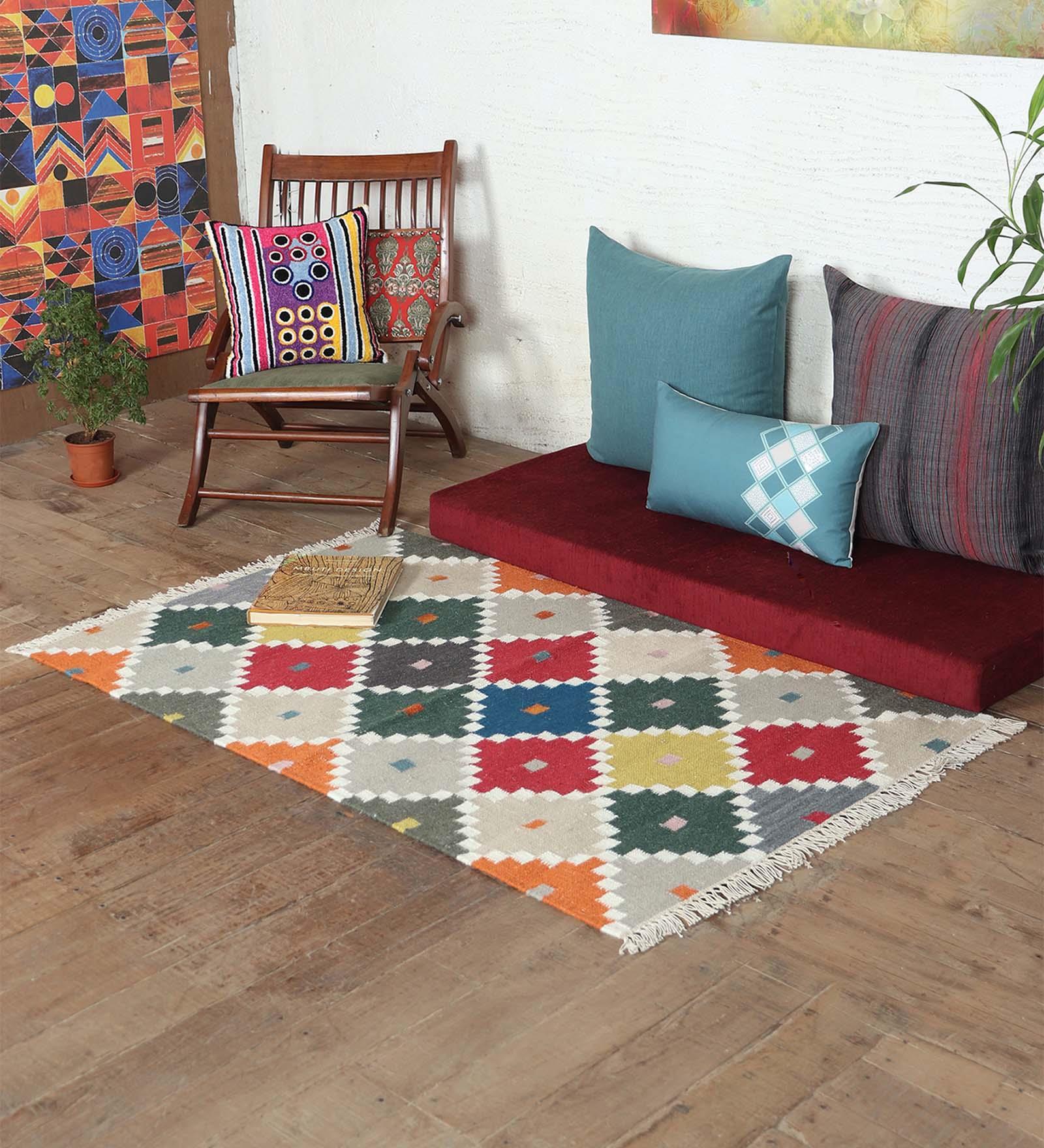 Buy Multicolor Wool Traditional 3 x 5 Feet Dhurrie by Zeba at 100% OFF ...