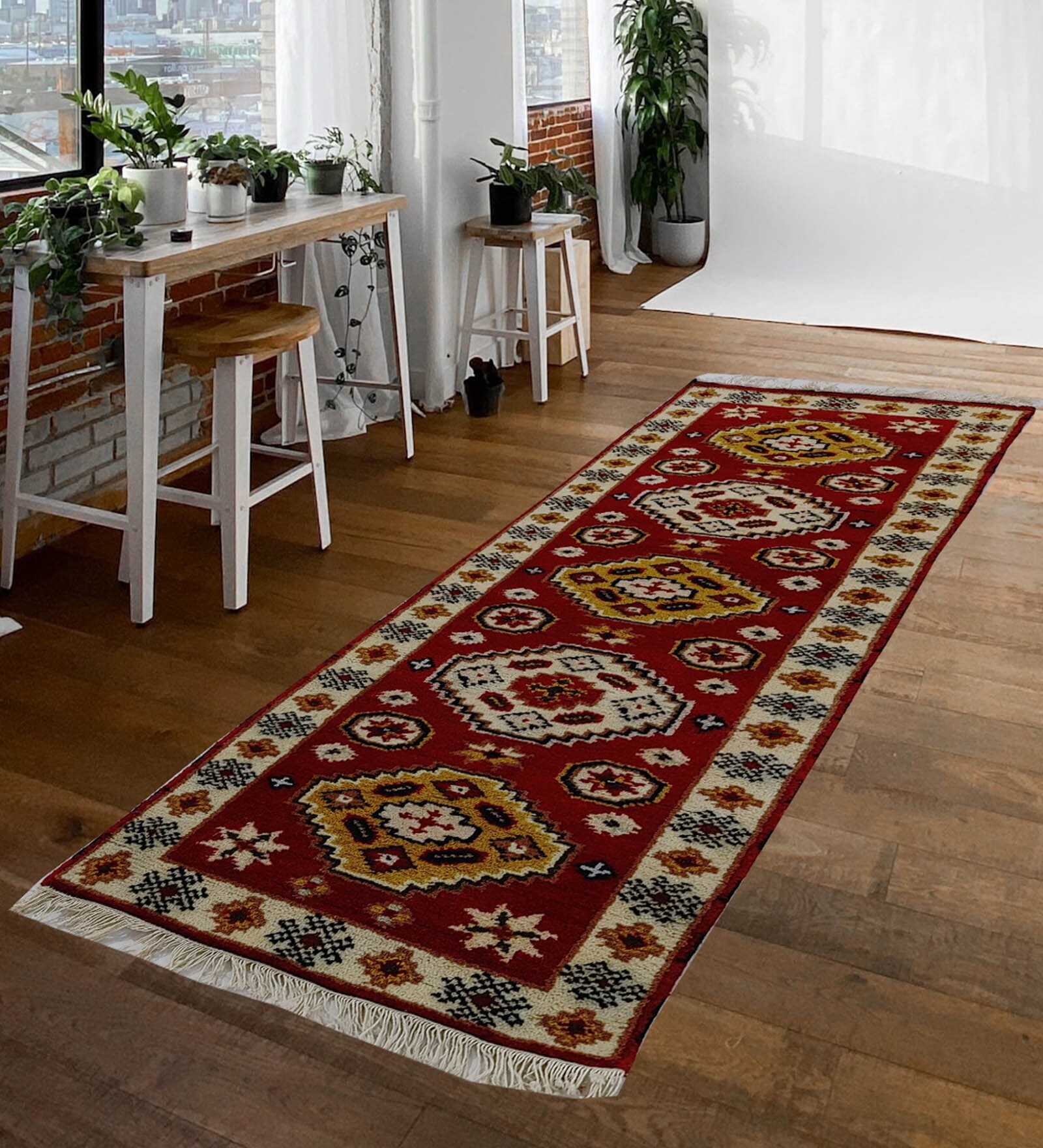 Buy Red/Yellow WOOL MODERN 2FT X 6.6FT HANDKNOTTED Carpet by SHAHINA ...
