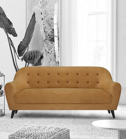 Buy Rebecca Velvet 3 Seater Sofa in Mustard Colour Online - Mid-Century ...