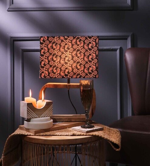 Buy Rectangular E27 Holder Wooden Base Table Lamp (Brown Base) with ...
