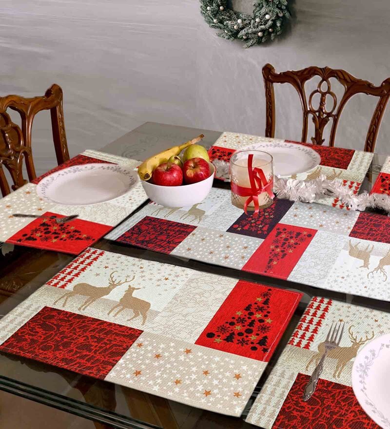 Buy Red Abstract Cotton Blend 7 Pcs Christmas Table Linen Set by AVI ...