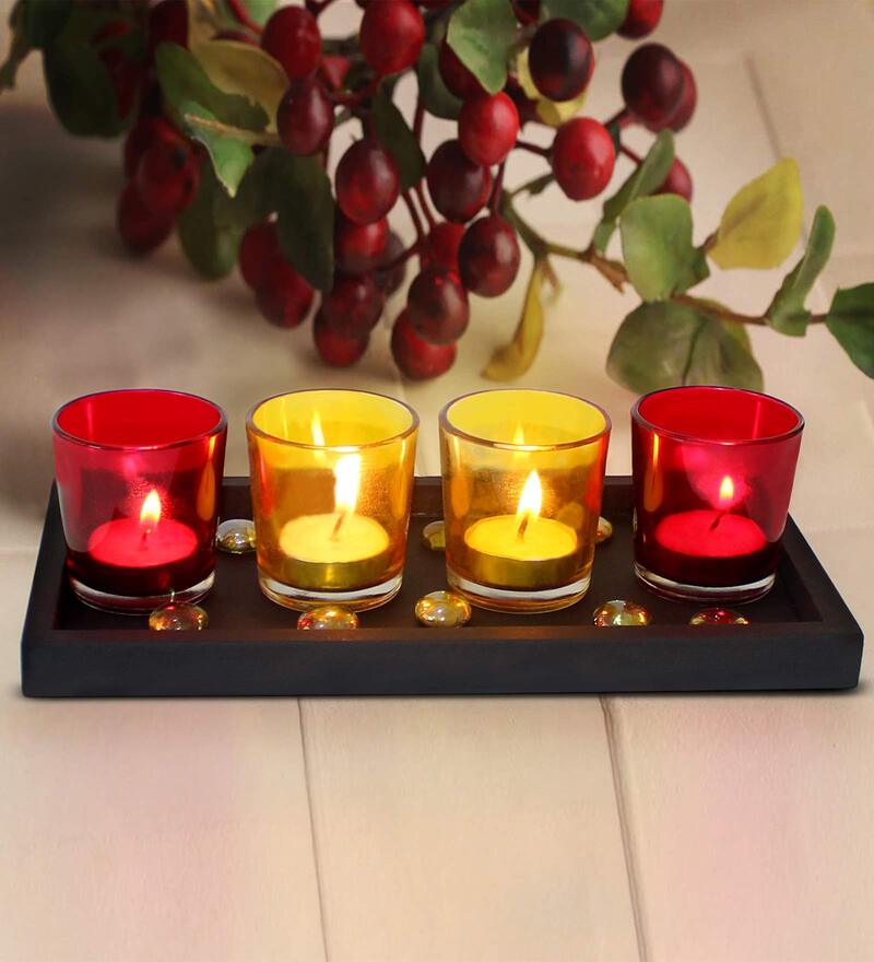 Buy Red & Yellow Glass 4 Pc Votive Candle Holder With 1 Wooden Tray By ...