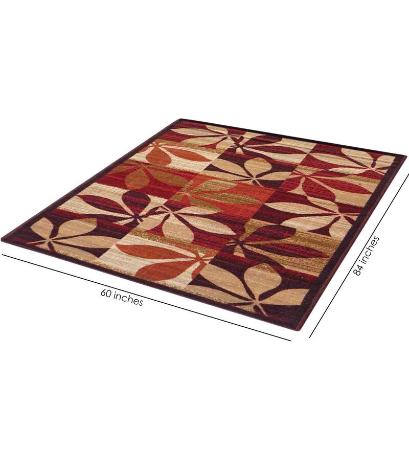 Buy Red Floral Polyester 5 ft x 7 ft Machine Made Carpet by Status ...