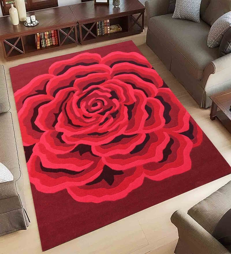 Buy Red Floral Wool 5 ft x 7 ft Hand Tufted Carpet by CARPET IMPEX ...