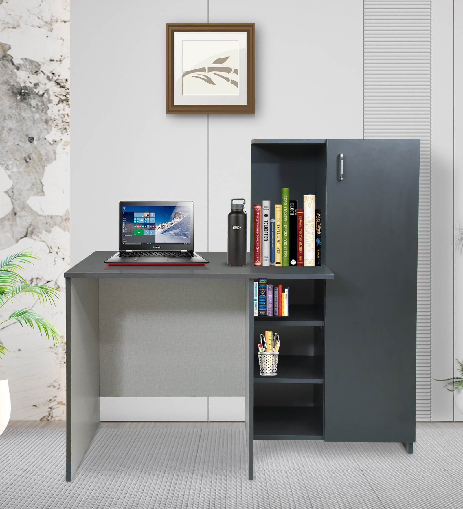 Buy Richmond Study Table With Frosty Door Cabinet & Bookshelf In Gray ...