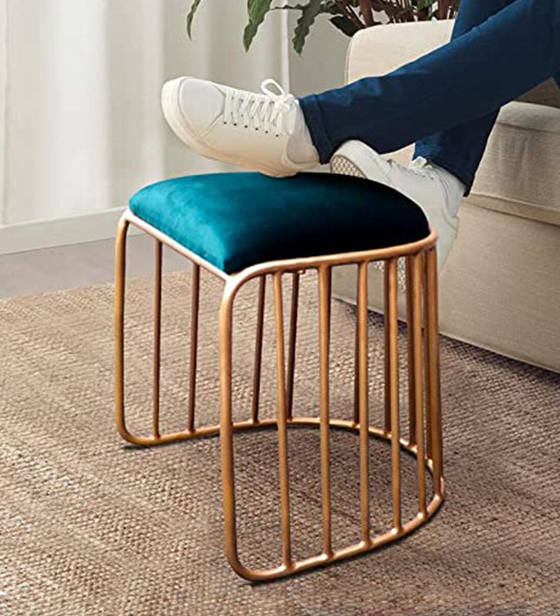 Buy Round Metal Seating Stool in Golden Stand & Green Colour Online ...