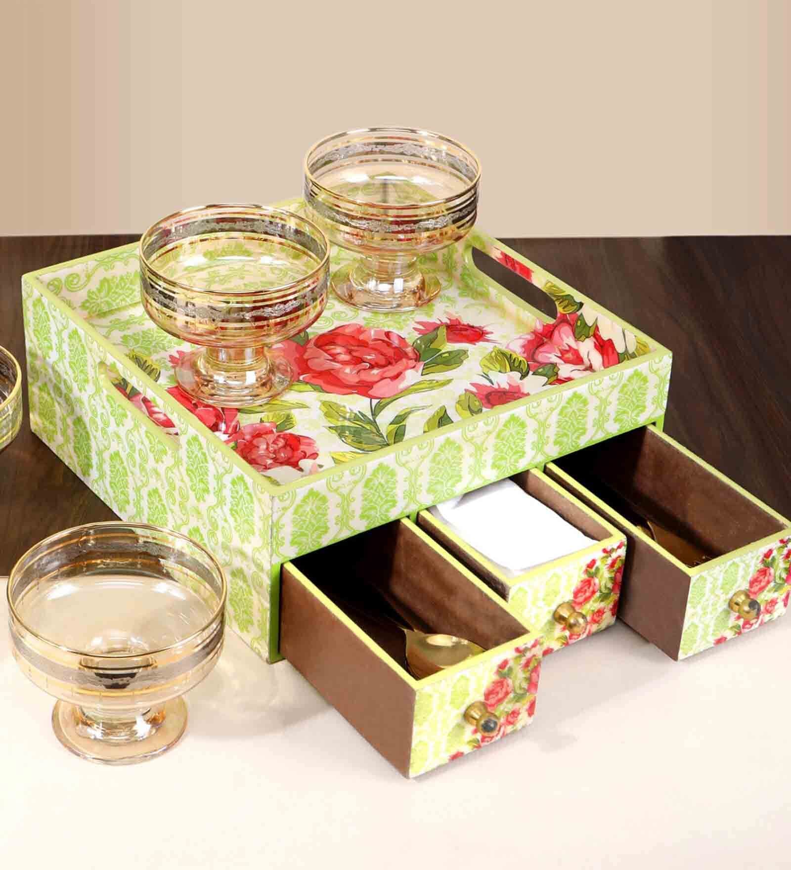 Buy Rose Green & White MDF Wood Square Serving Trays With 3 Drawer at ...