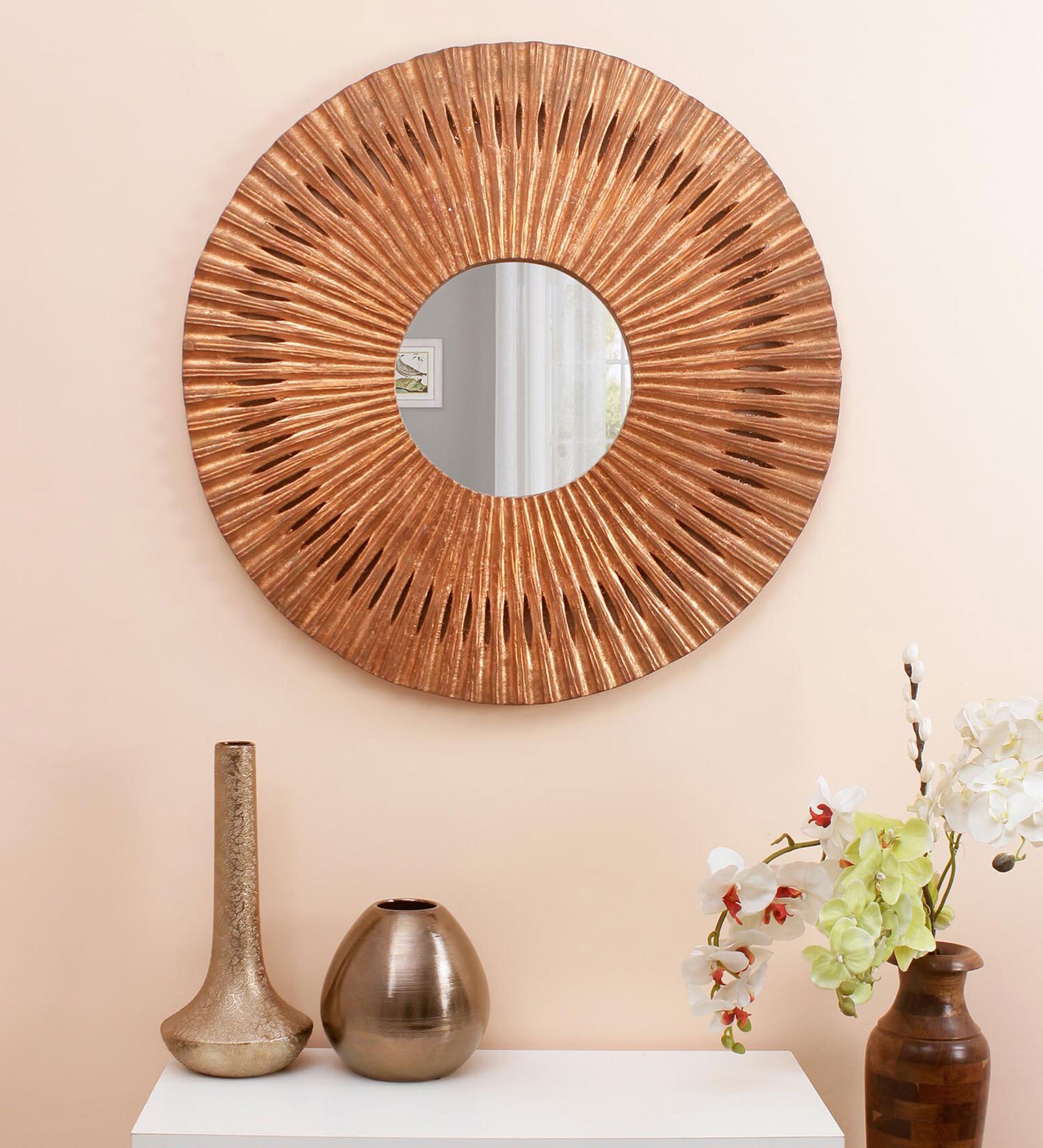 Buy Round Teak Wood & Glass Decorative Mirror in Copper Color By ...