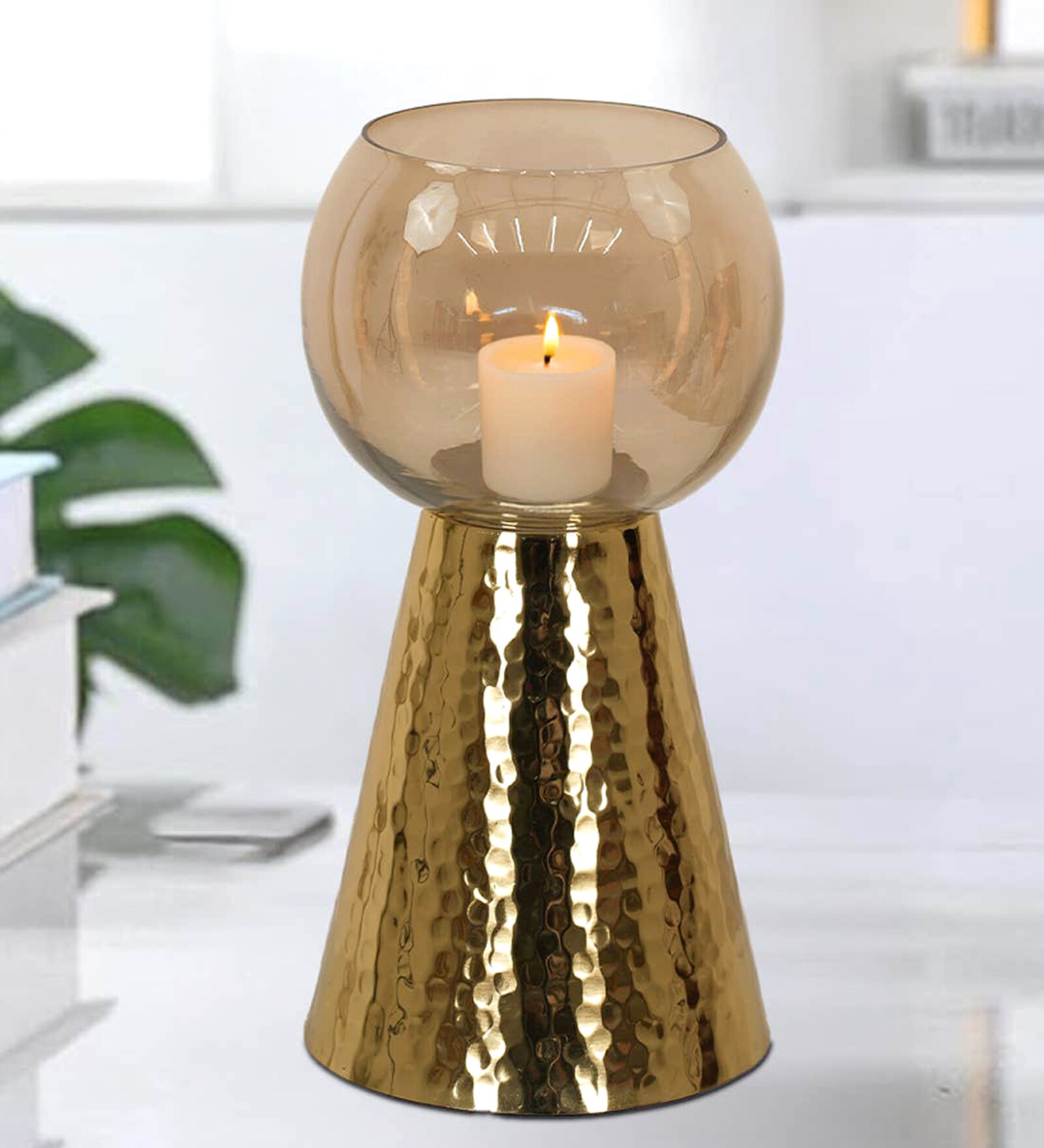 Buy Aristro Candle Holder Large Hammered Design Metal Base Golden ...