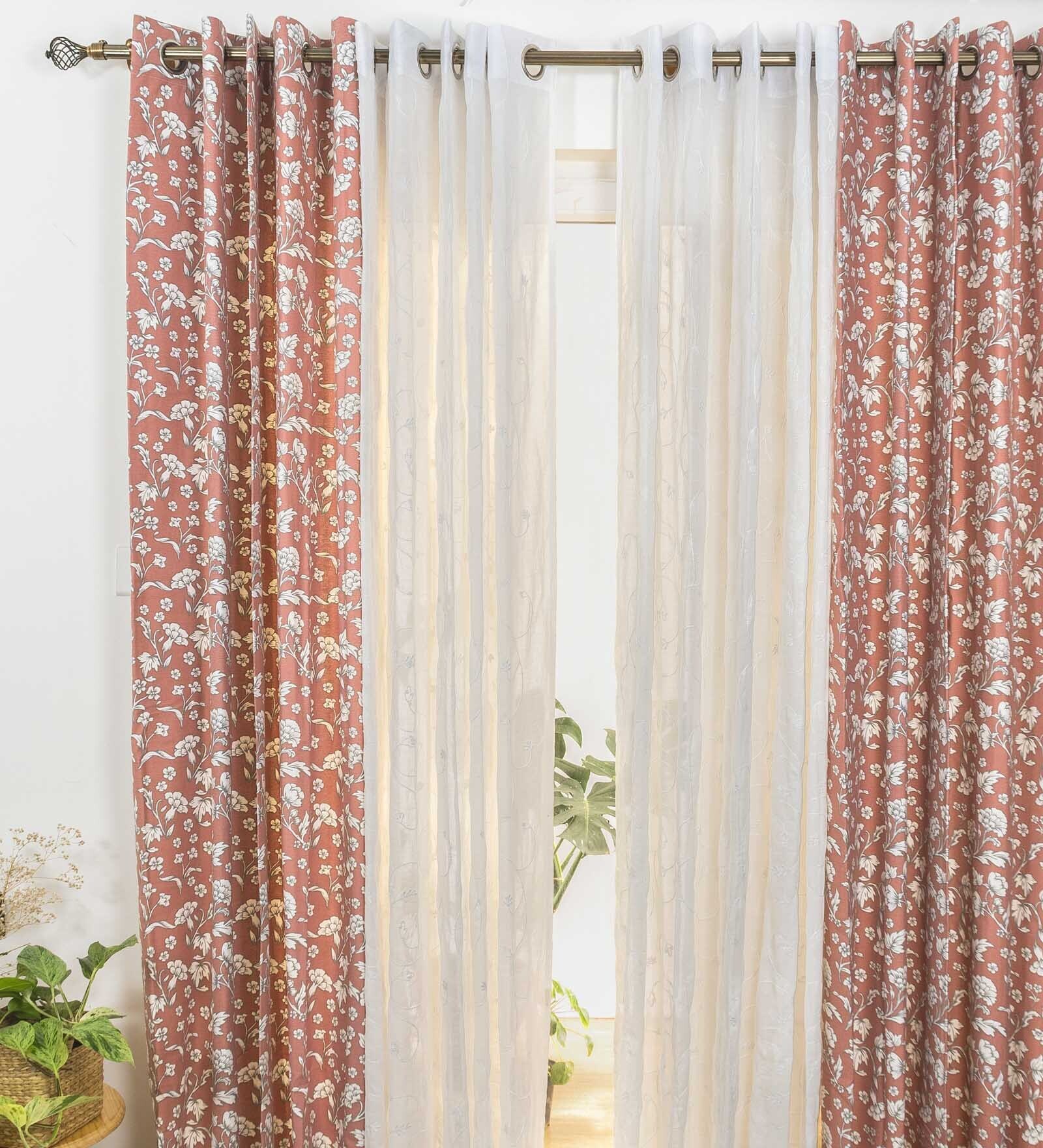 Buy Rust Cotton Floral & Solid 7.5Ft Semisheer Eyelet 4 Door Curtains ...