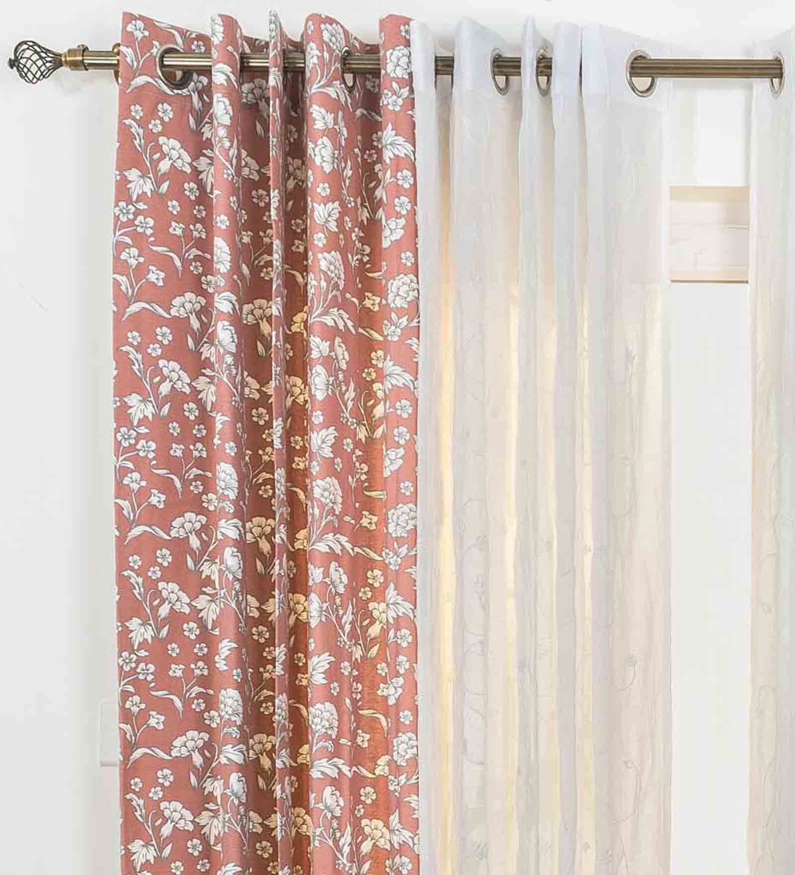 Buy Rust Cotton Floral & Solid 7.5Ft Semisheer Eyelet 4 Door Curtains ...