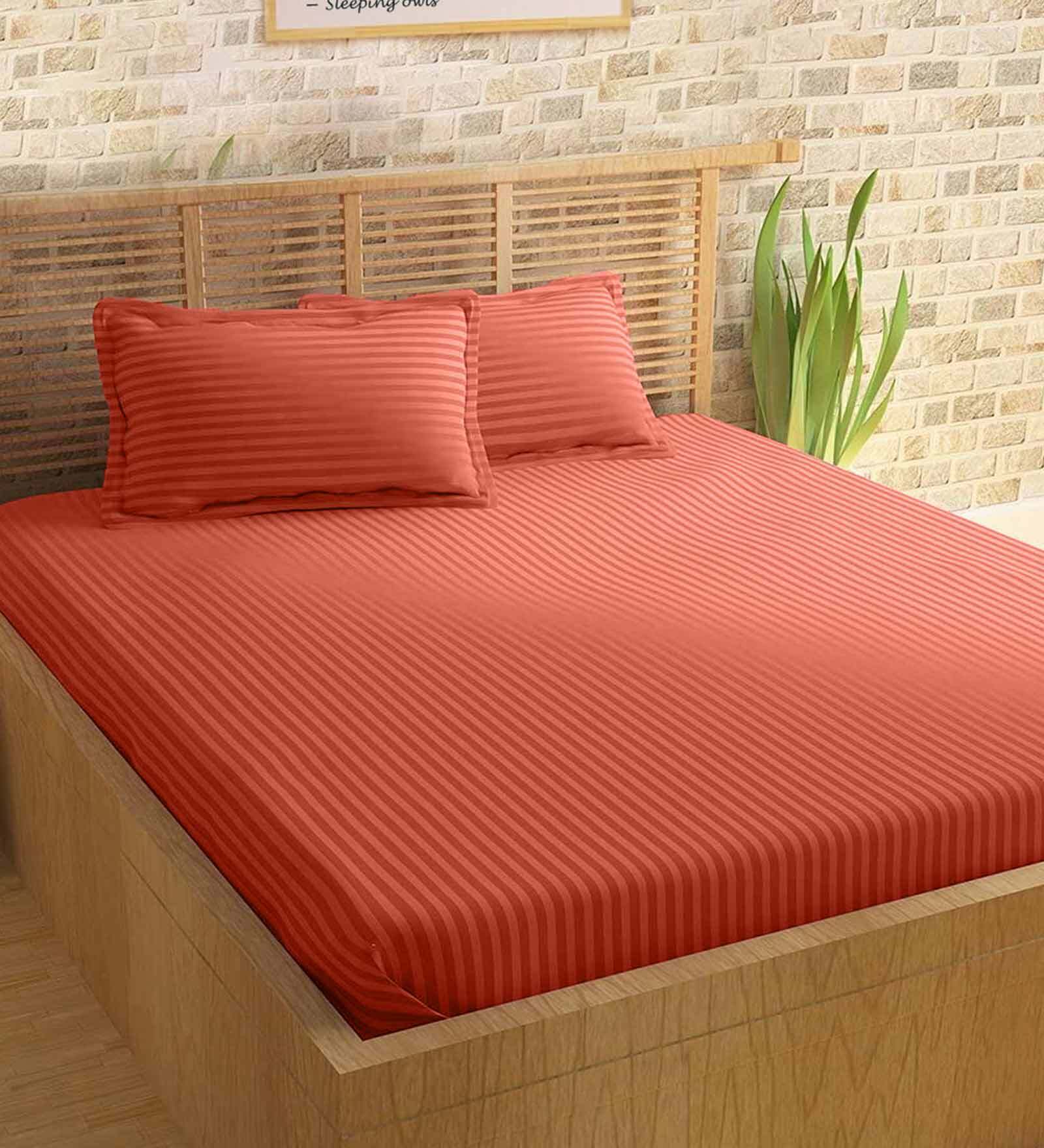 Buy Rust Striped 210 TC 100% Cotton King Sized Bed Sheets with 2 Pillow ...