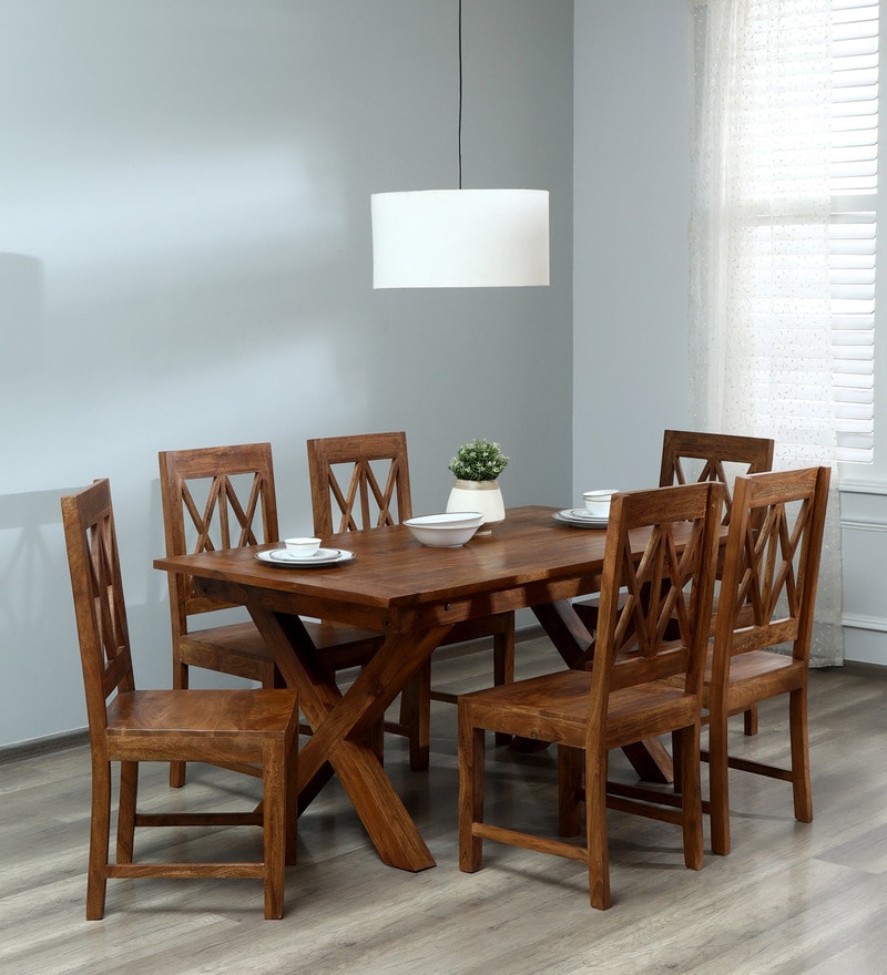 Buy Rustic Solid Wood 6 Seater Dining Set in Brown Finish by Star India ...
