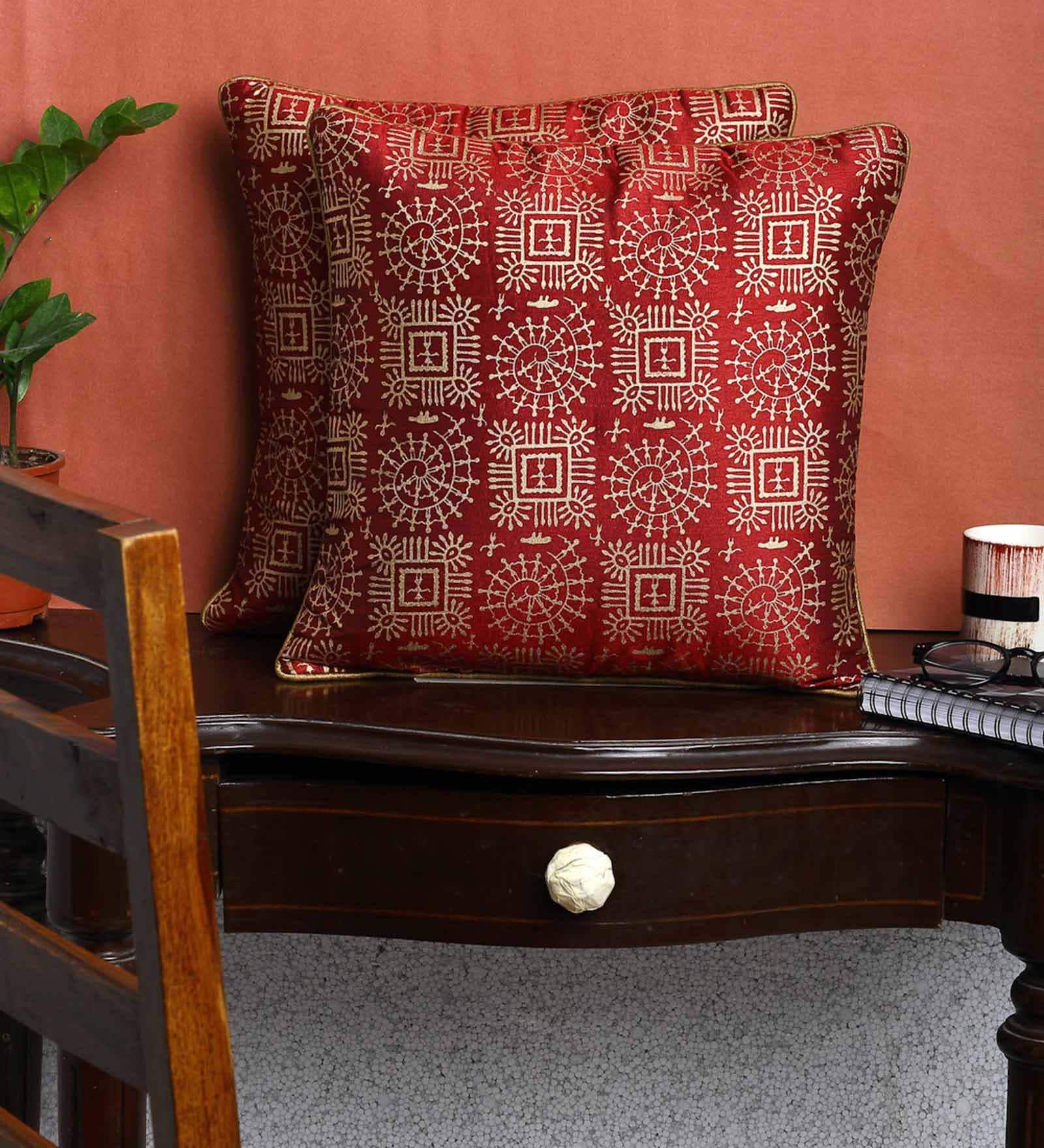 Buy Maroon Traditional Satin 16 x 16 Inches Cushion Covers (Set of 2 ...