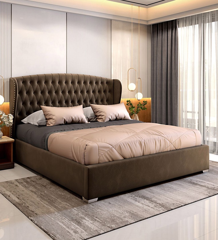 Buy Salvador Fabric Upholstered King Size Bed in Dark Brown Colour by ...