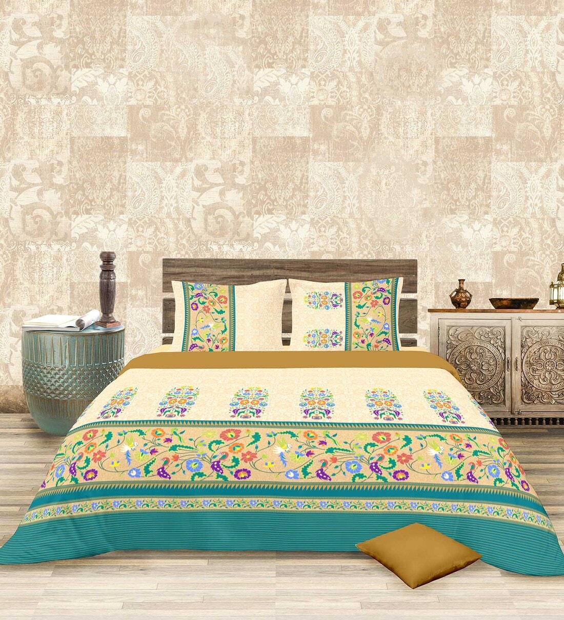 Buy Multicolor Floral 200 TC Cotton 1 Double King Size Bedsheet with 2 ...