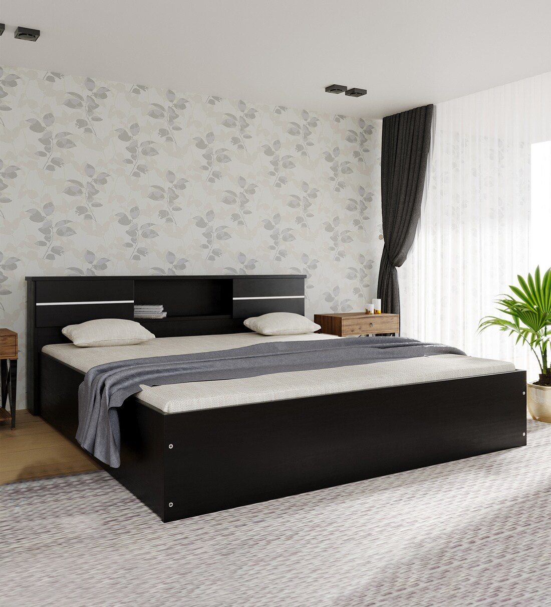 Buy Selene Queen Size Bed With Box & Headboard Storage In Wenge Finish ...