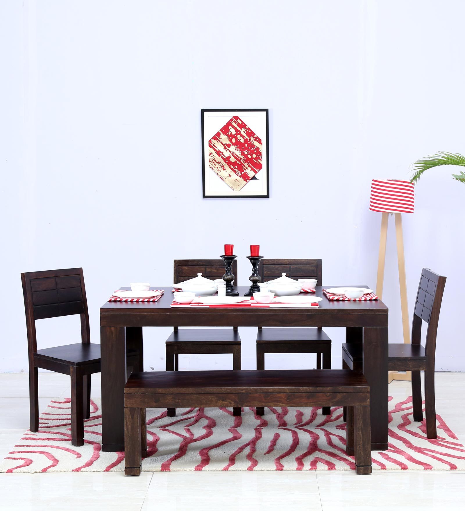 Buy Segur Solid Wood Six Seater Dining Set with Bench in Warm Chestnut Finish by Woodsworth from ...