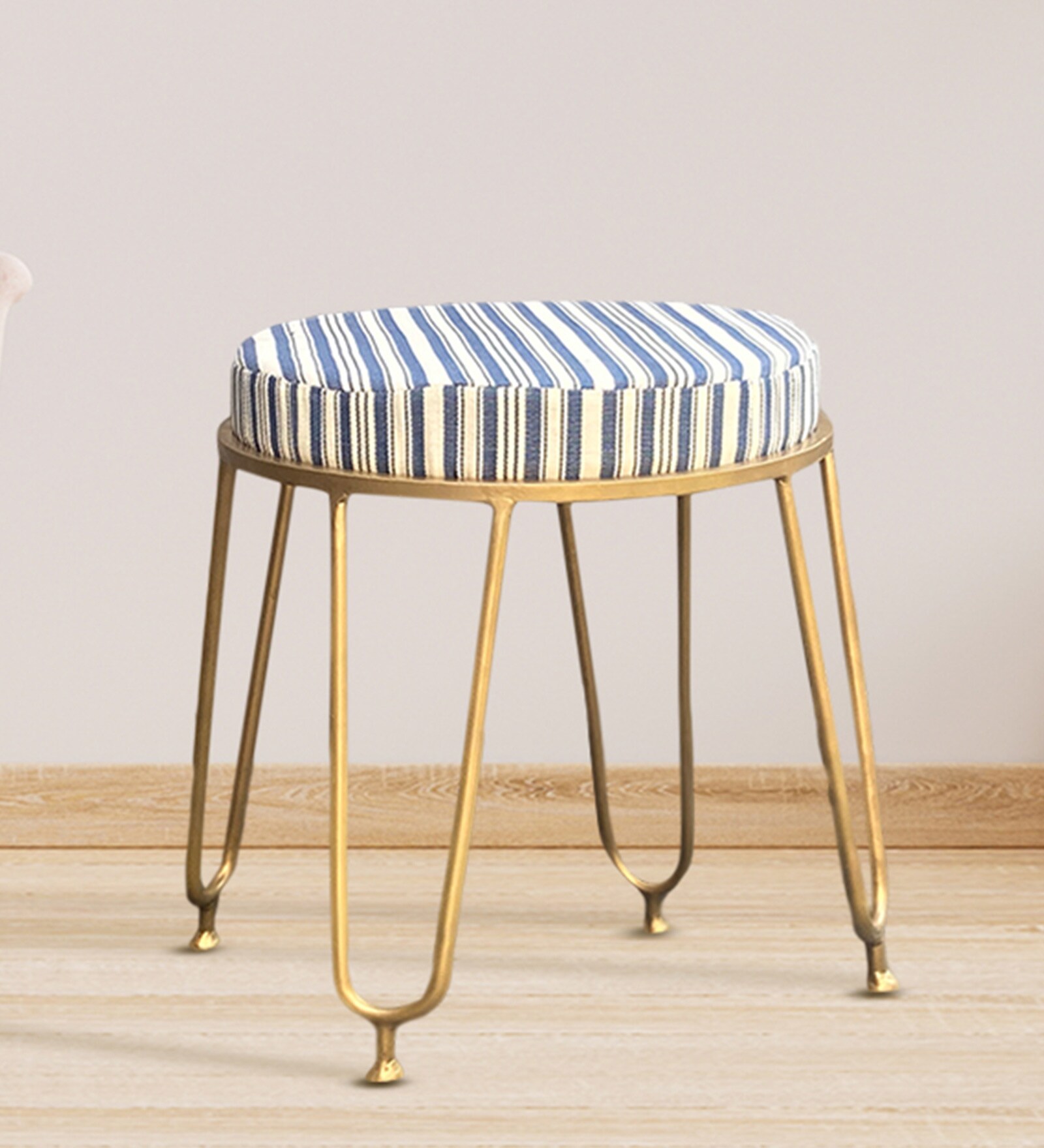 Buy Semi Circular Seating Stool in Golden Stand & Blue Cusion Colour at ...