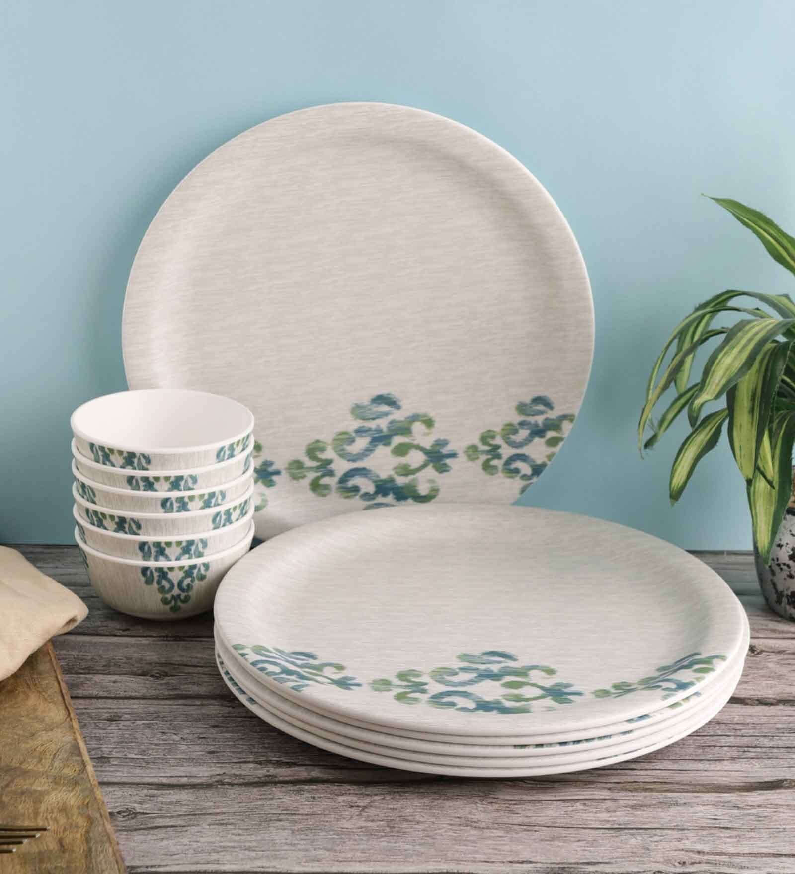 Buy Servewell Native Persian 12 Pcs White & Green Melamine Dinnerware ...