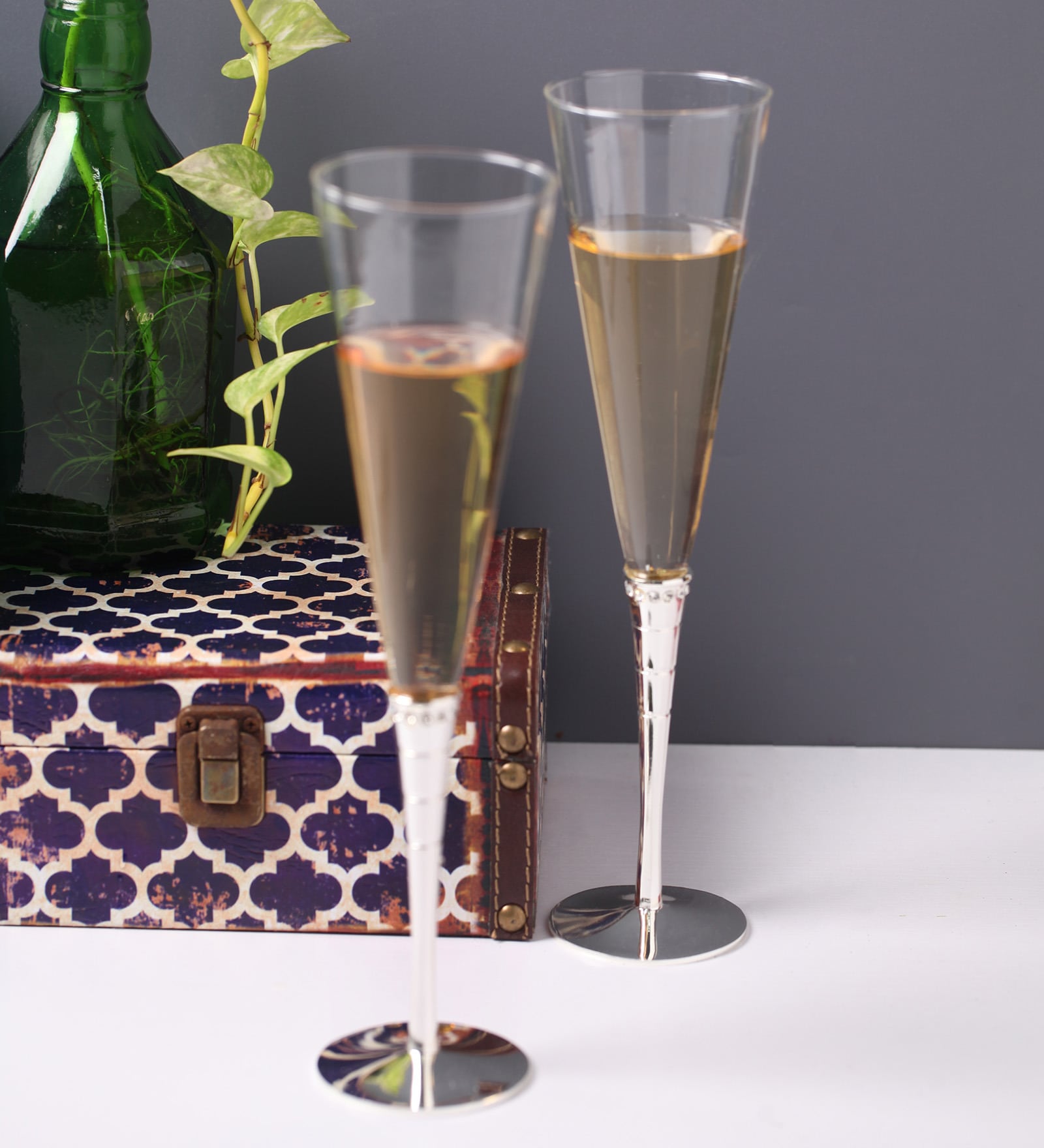 Buy Micasa Silver Glass Champagne Flutes on Metal Stemmed Base - Set of ...