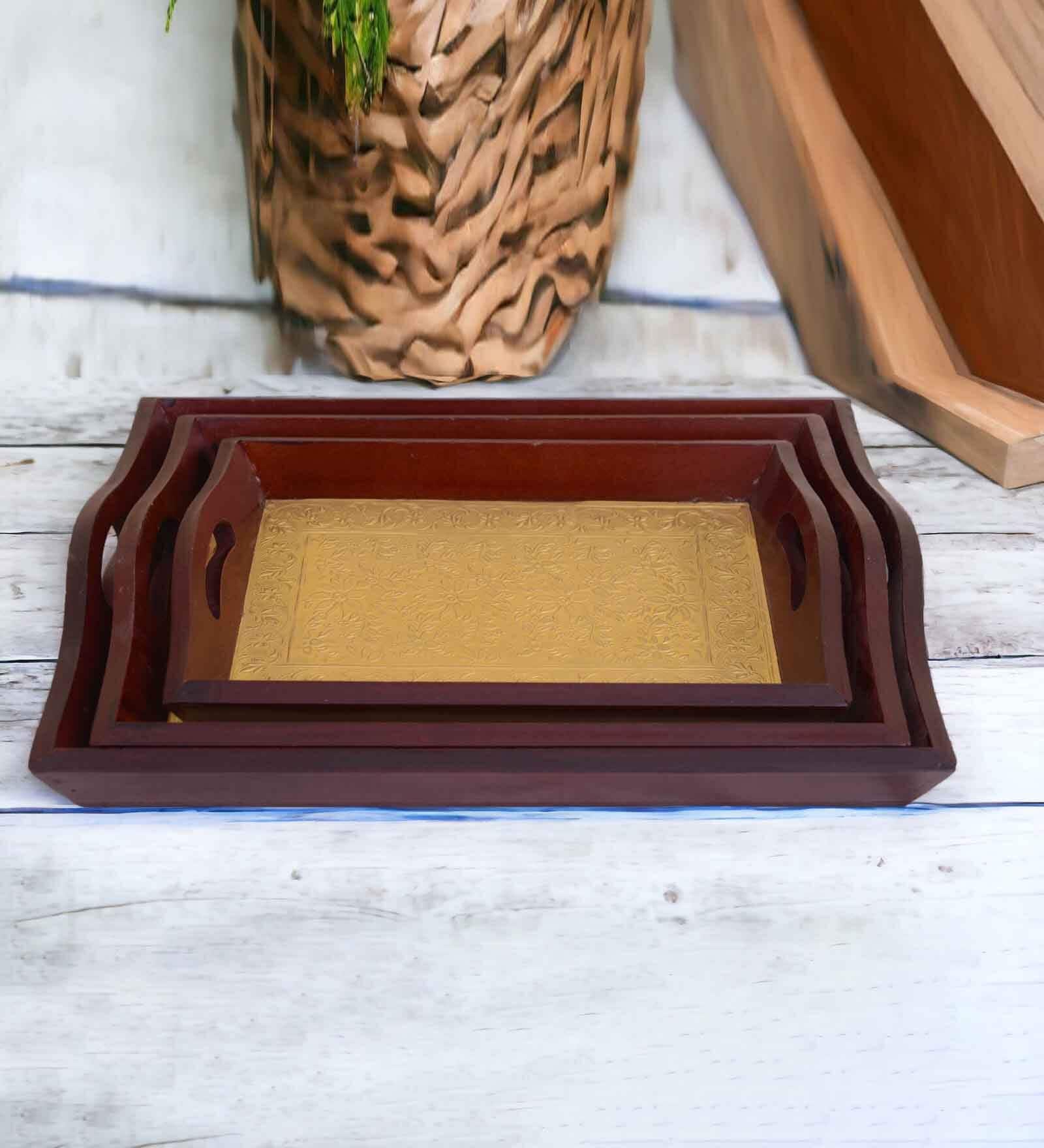 Buy Brown Brass Fitting Mango Wood (Set of 3) Serving Trays Sets at 6% OFF by B K Exports ...