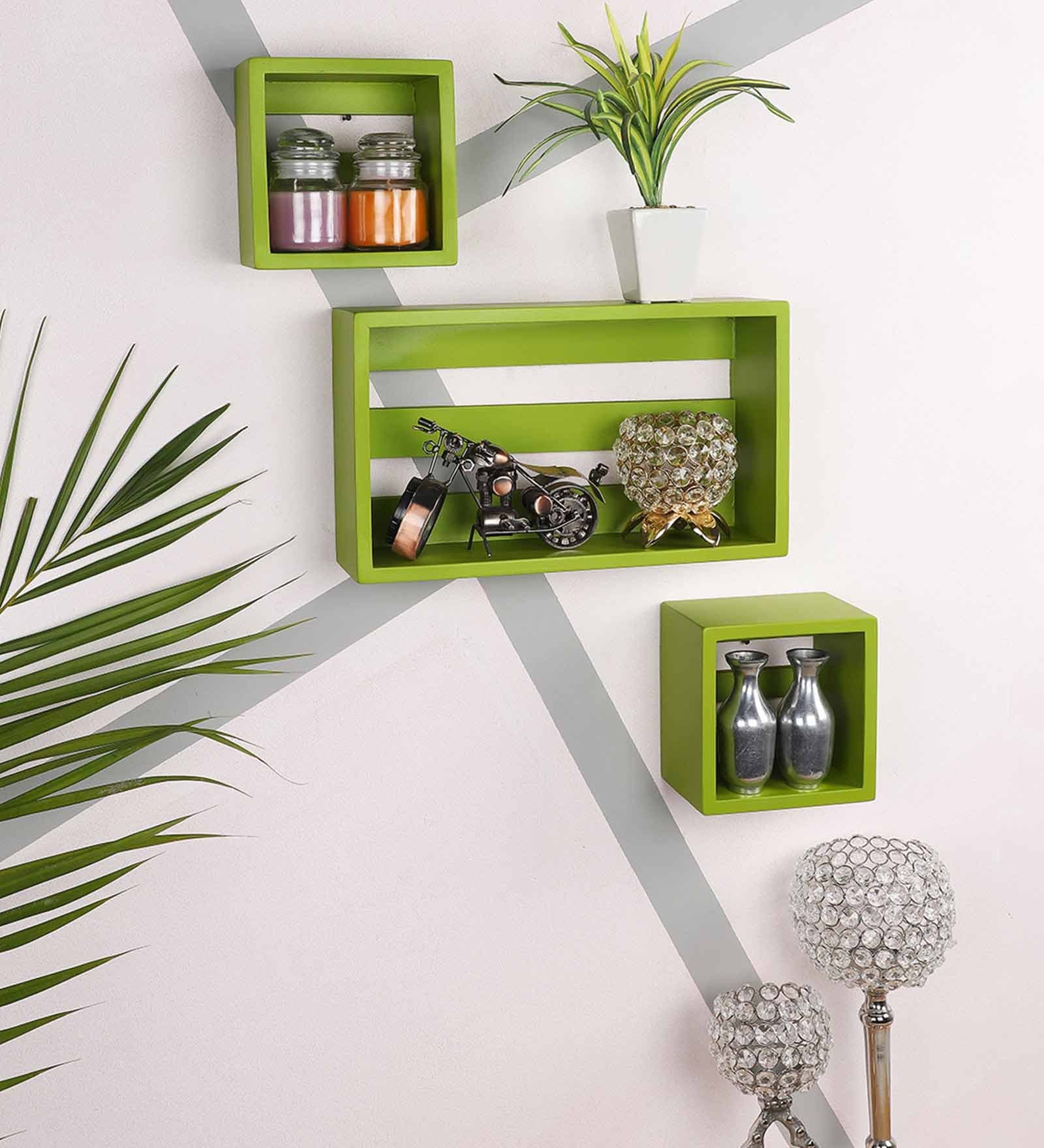 Buy Set of 3 Engineered Wood Green Colour Wall Shelf at 33% OFF by Home ...