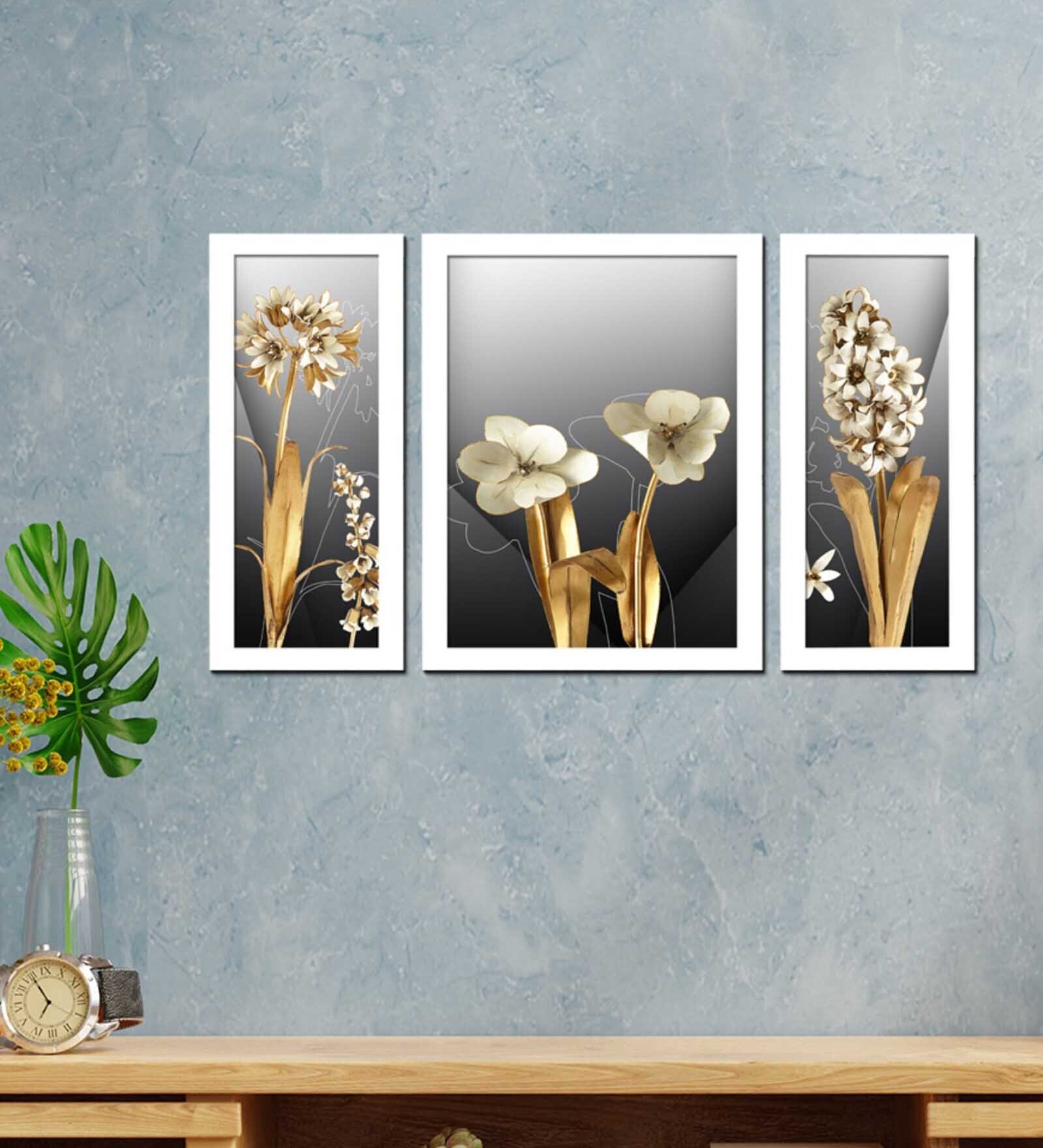 Buy Set Of 3 Golden Flowers MDF Art Print Set of 3 at 23% OFF by Wens ...