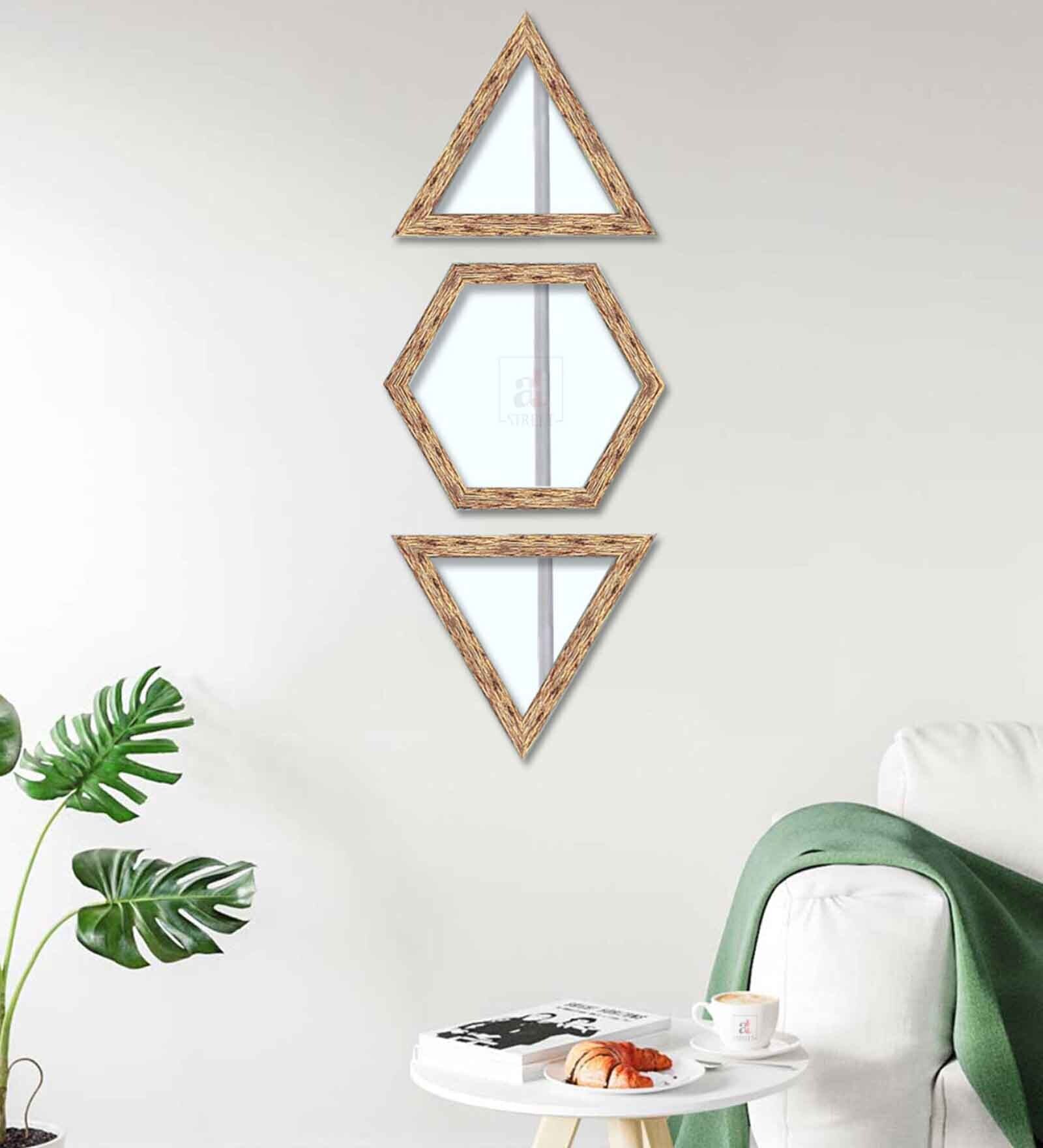 Buy Hexagon Triangular Shape Mirror Set Of 3 In Brown by Art Street at ...