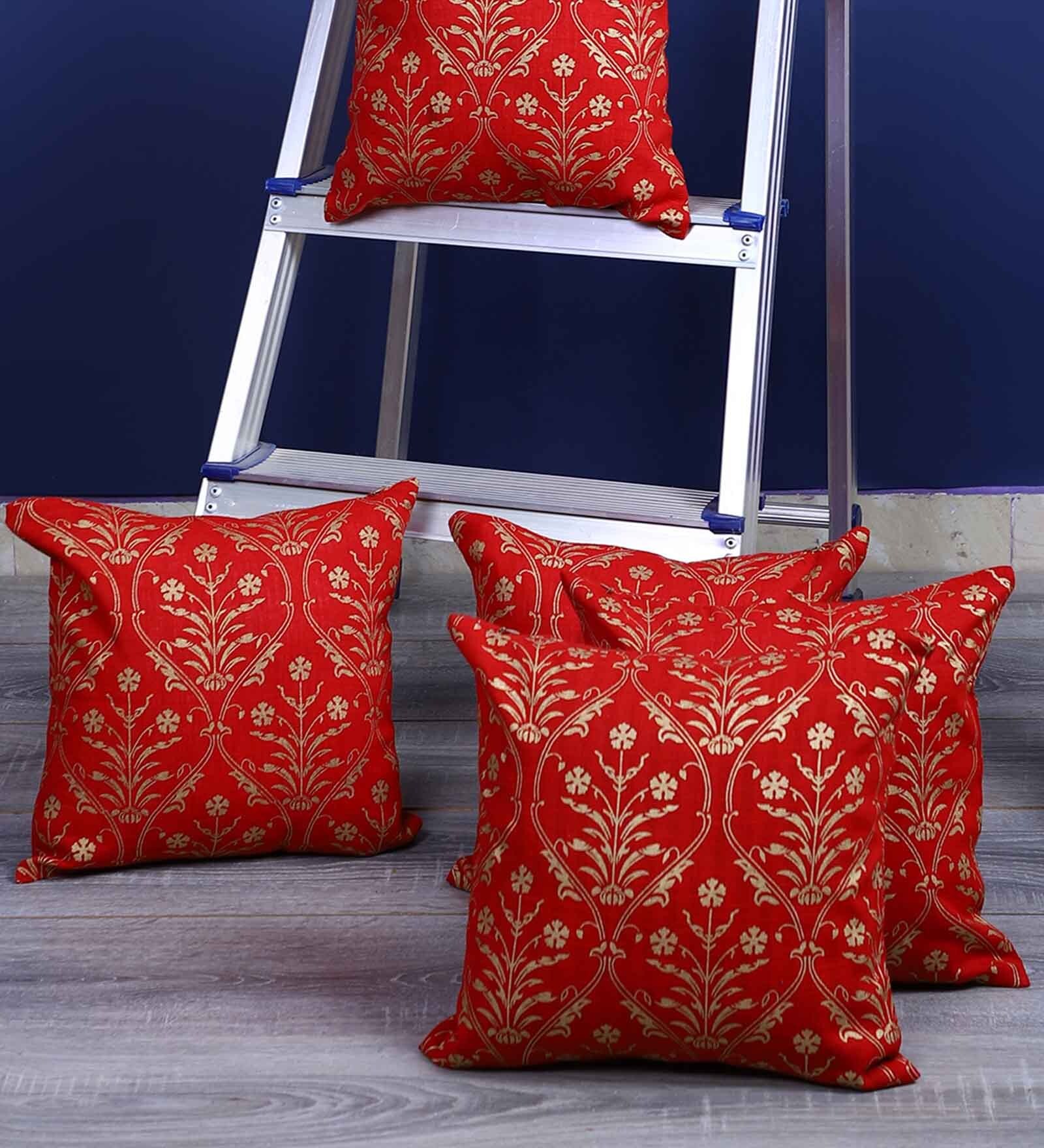 Buy Red Floral Cotton 12 x 12 Inches Cushion Covers (Set of 5) by ...
