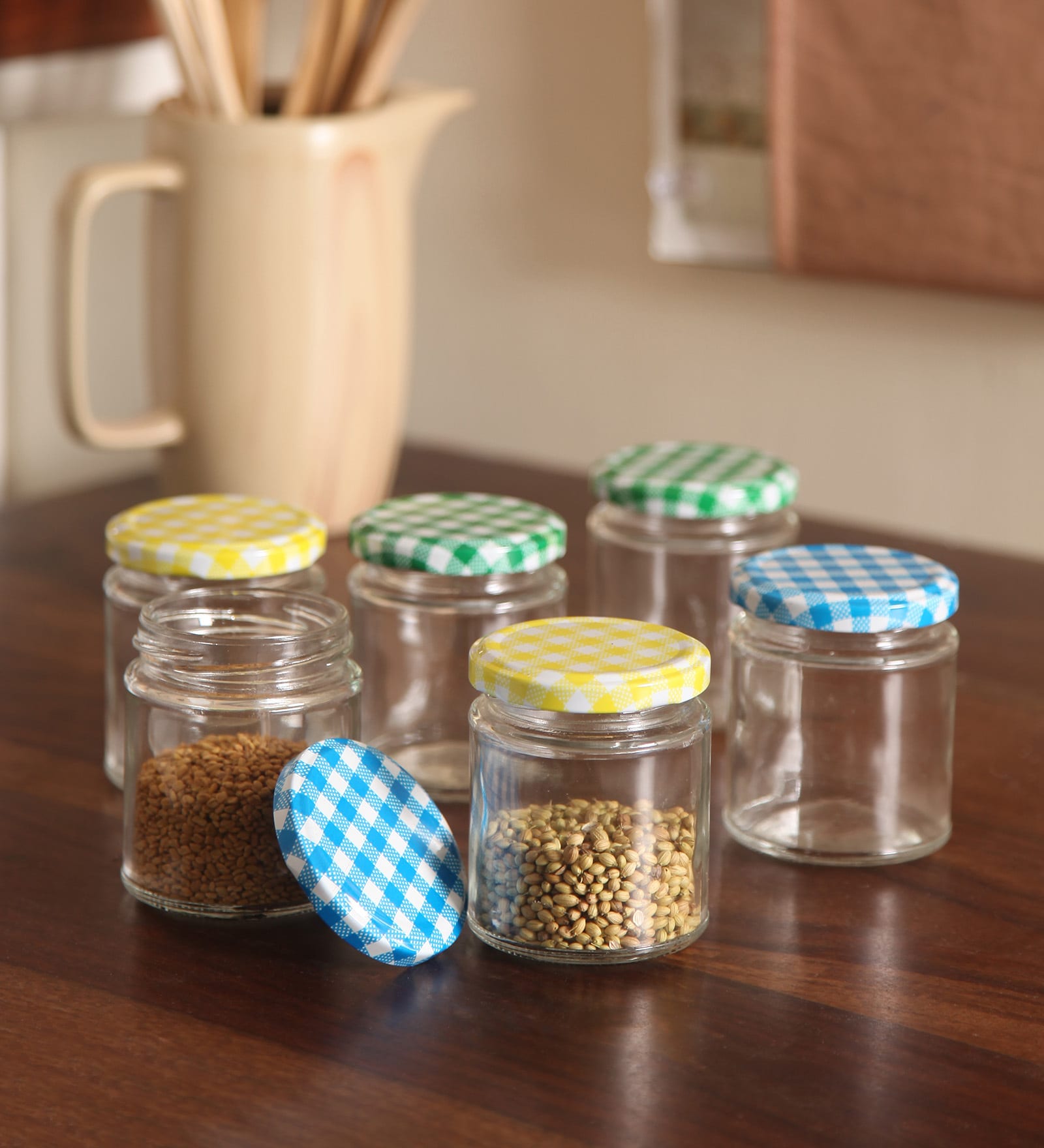 Buy Set of 6 pc Multi Colour Lid - Yellow + Blue + Green Glass Jar 200 ...