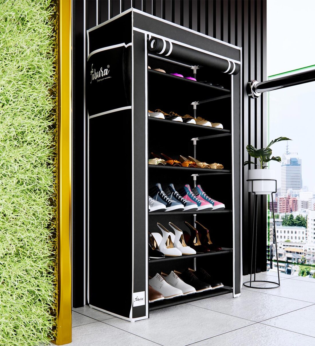 Buy Alpine Fabric Open Shoe Rack in Black Finish by FABURA Online ...