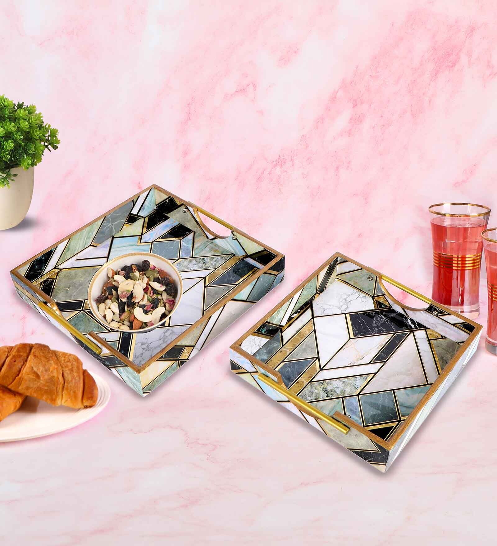 Buy Shades Of Green & Gold MDF Wood Mosaic (Set of 2) Serving Tray at ...