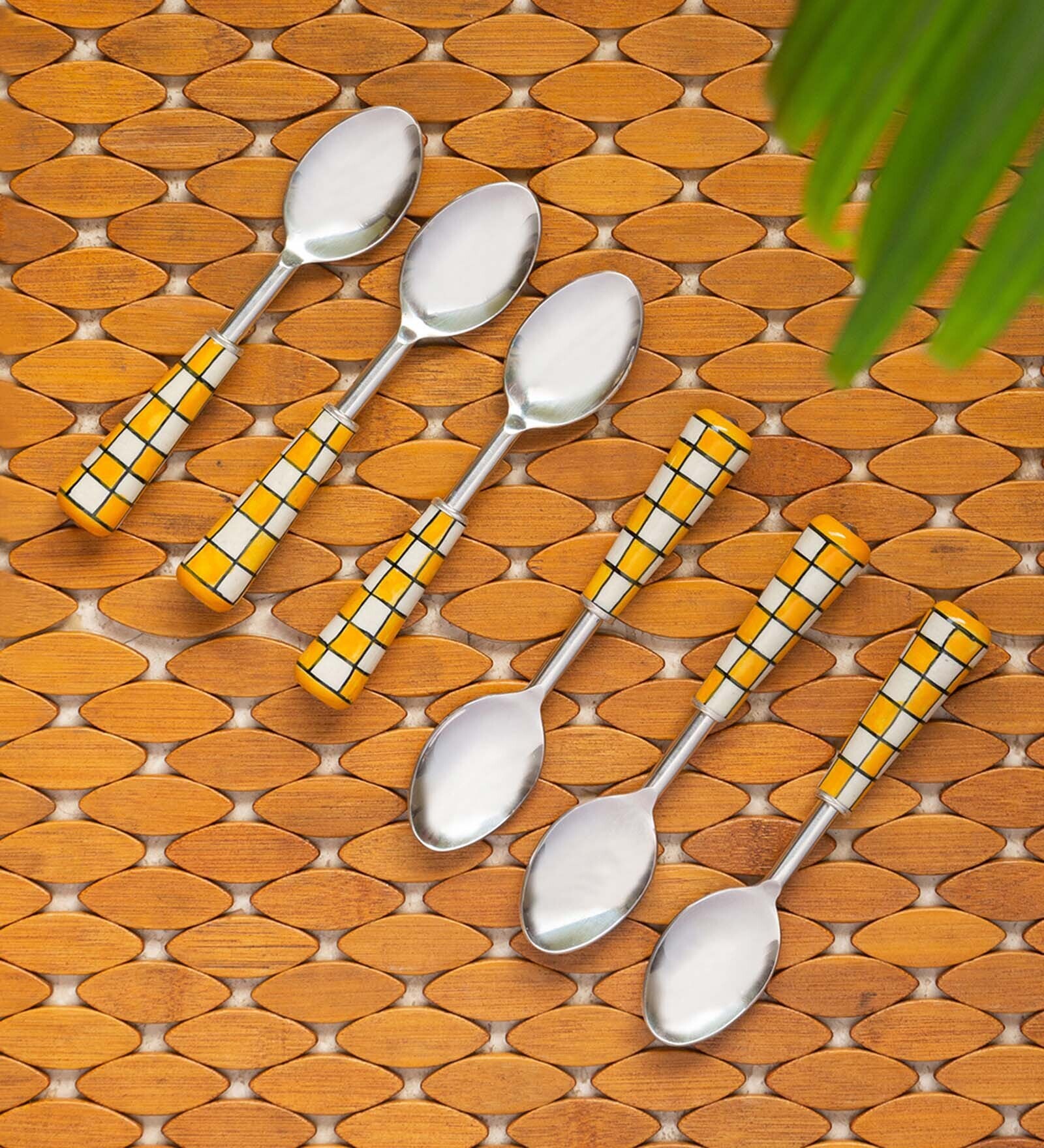 Buy Shatranj Checkered Yellow Stainless Steel (Set of 6) Table Spoon at ...