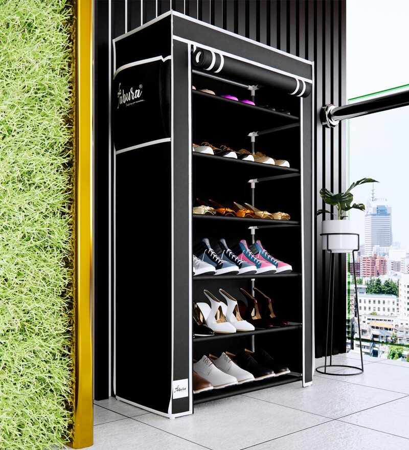 Buy Alpine Fabric Open Shoe Rack in Black Finish by FABURA Online ...