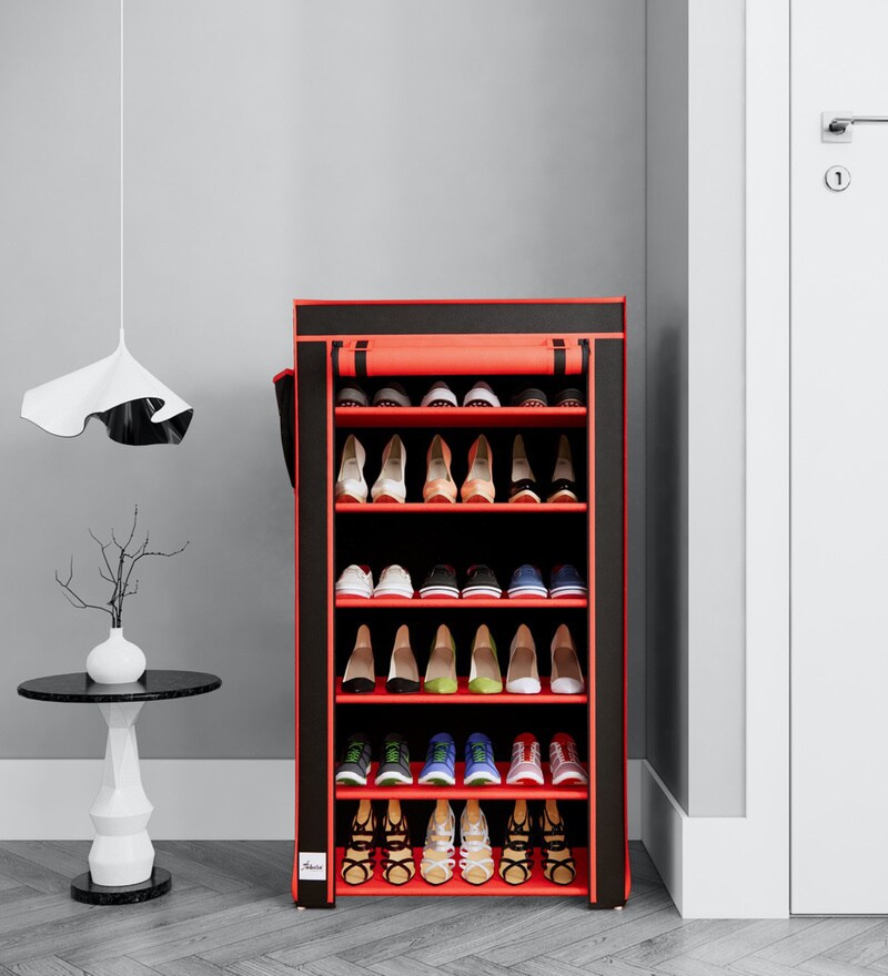 Buy Alpine Fabric Open Shoe Rack in Red & Black Finish by FABURA Online ...