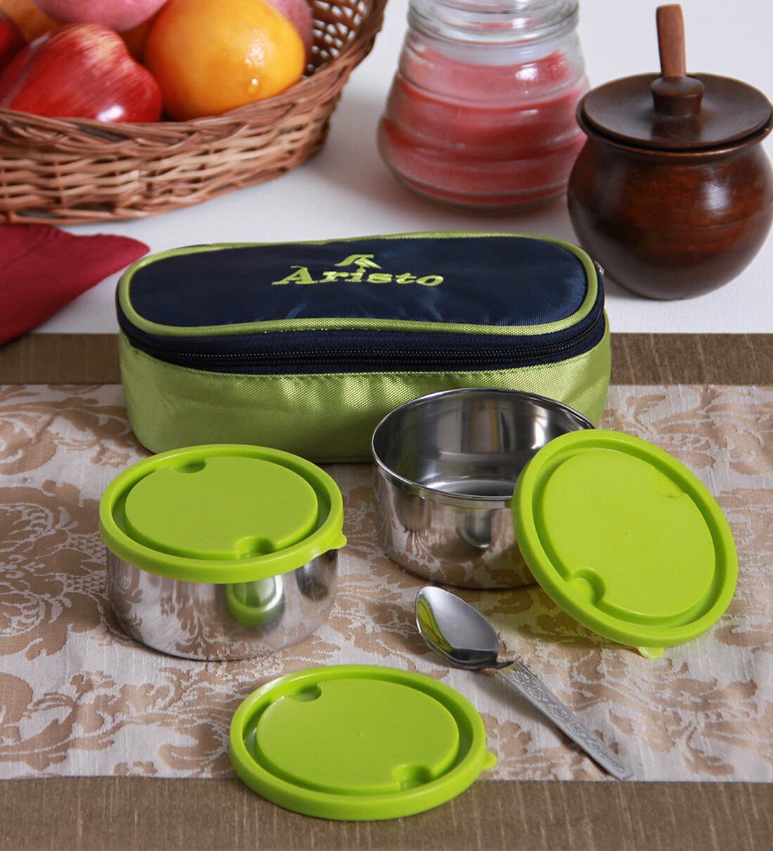 Buy Silver Stainless Steel Round 250 ML Lunch Box with Blue Insulated ...
