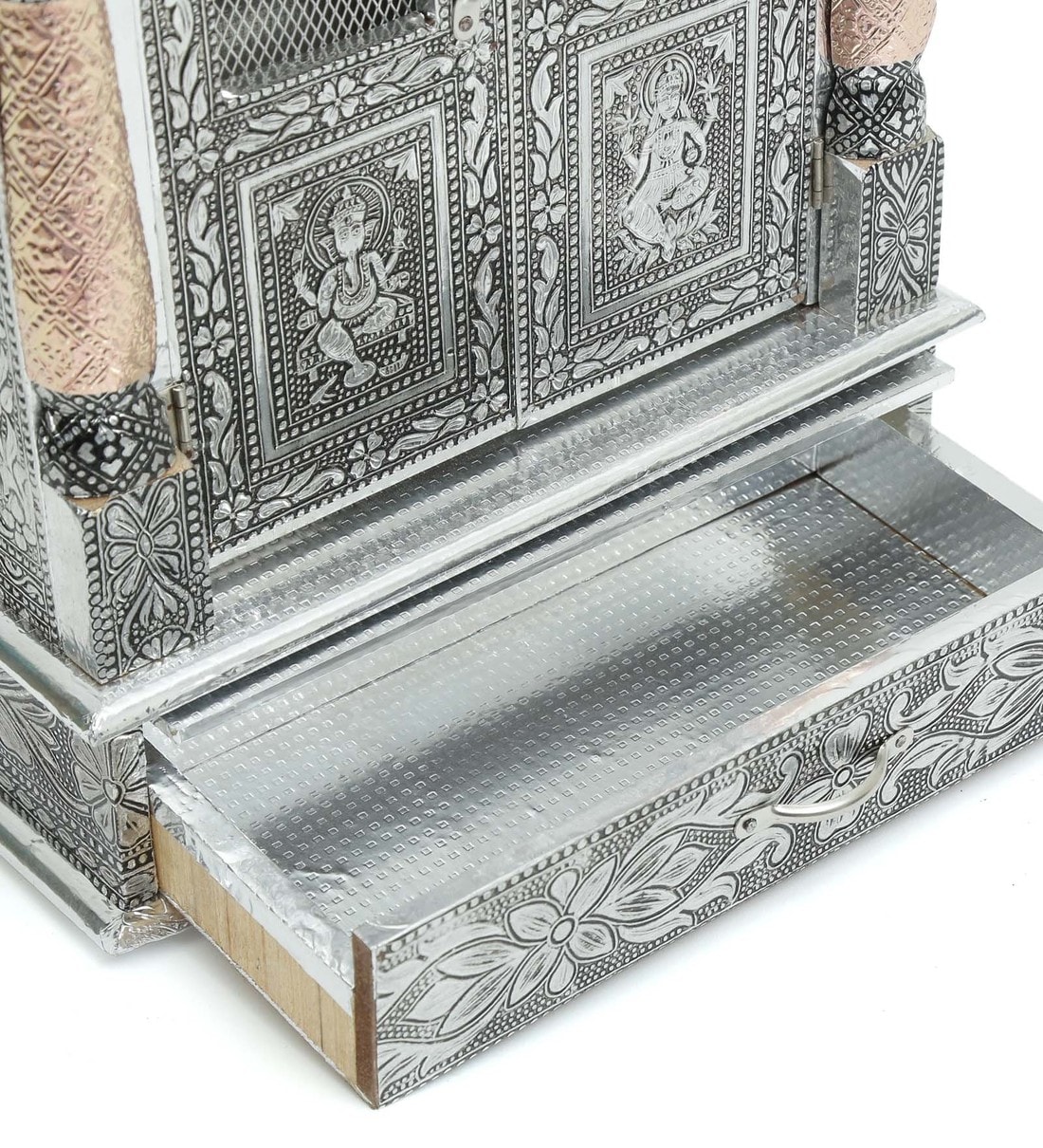 Buy Silver & Aluminium Coated Wood Pooja Mandir With Door By Craft Tree ...