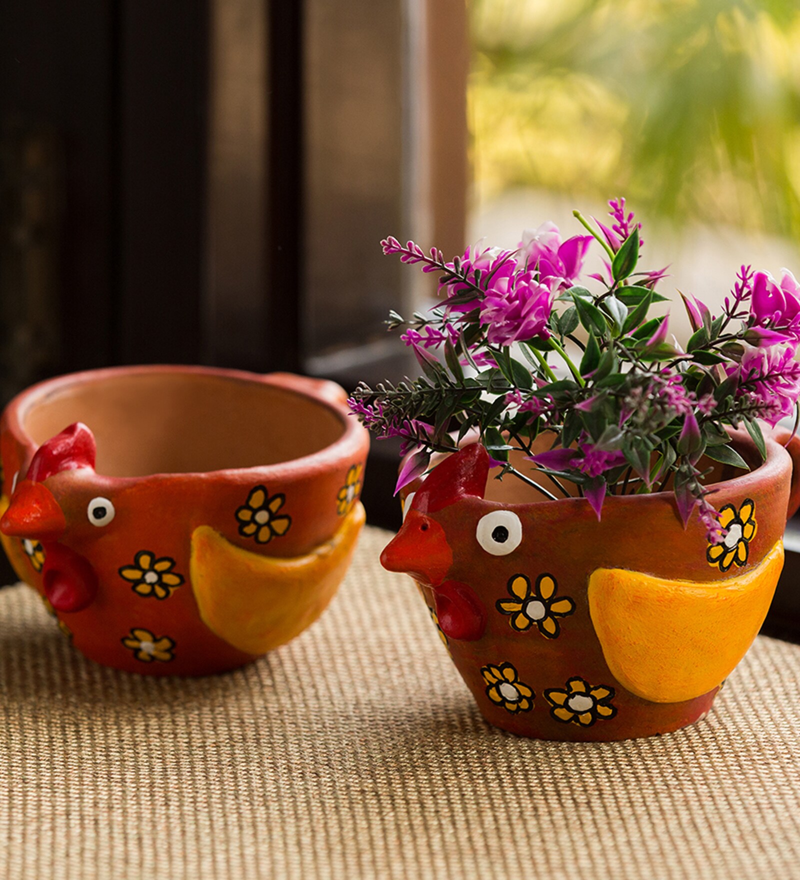 Buy Sienna Brown & Fire Yellow Terracotta Pecking Hen Pair Handpainted ...