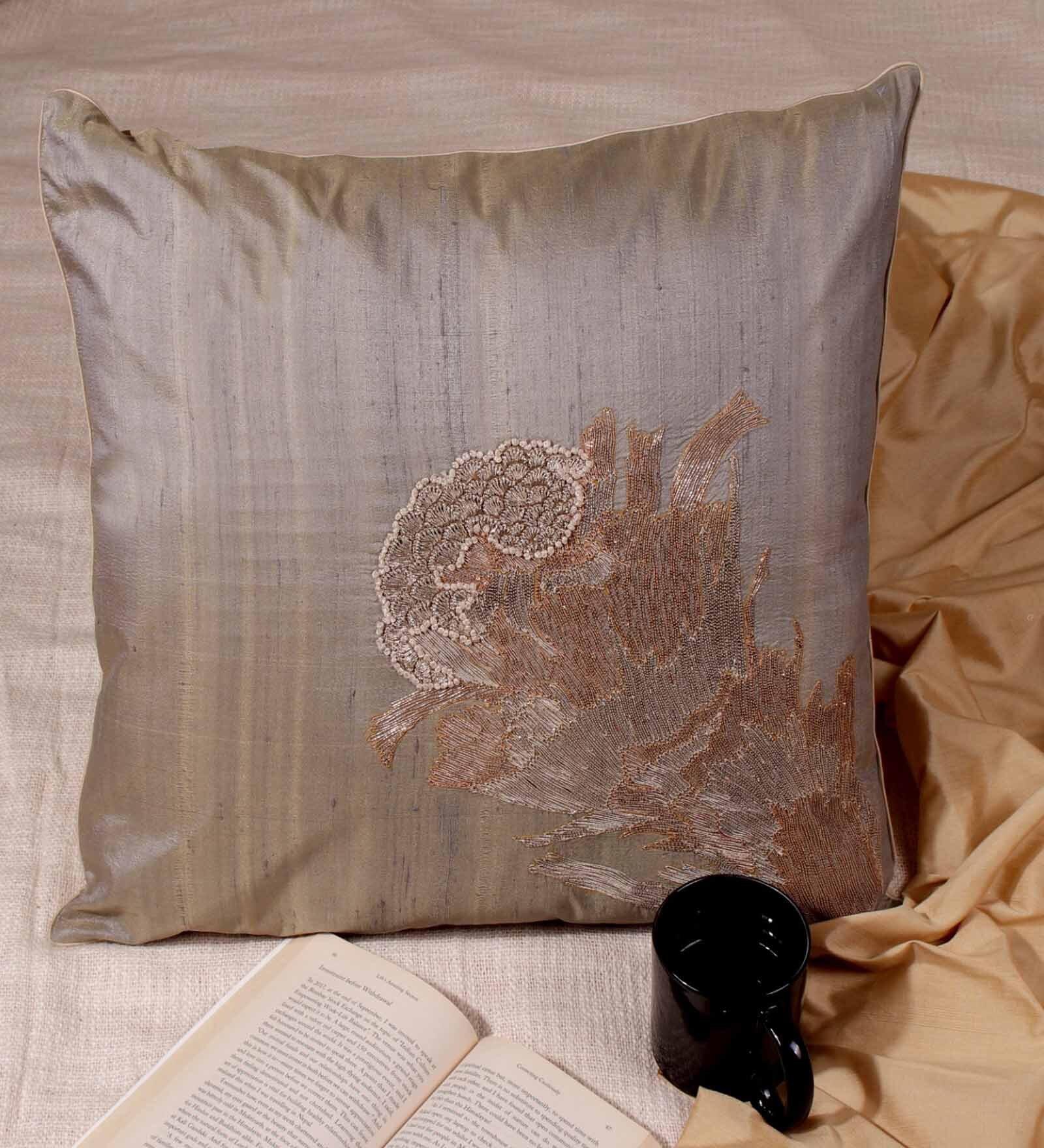 Buy Beige Textured Silk Fabric 16 x 16 Inches Embroidered Cushion ...