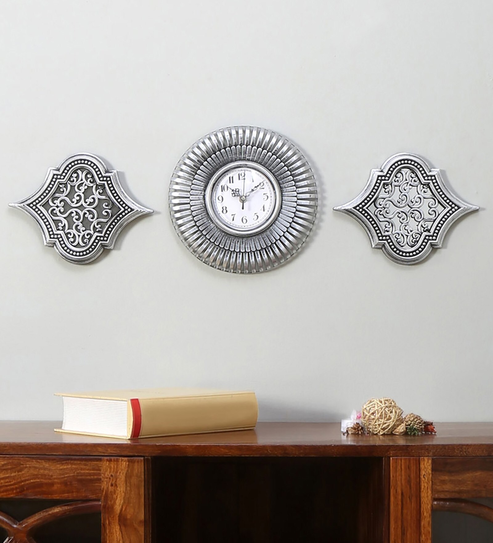 Buy Silver Plastic Set Of 3 Eclectic Wall Clock By @Home Online ...