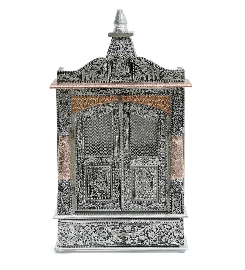 Buy Silver & Aluminium Coated Wood Pooja Mandir With Door By Craft Tree ...