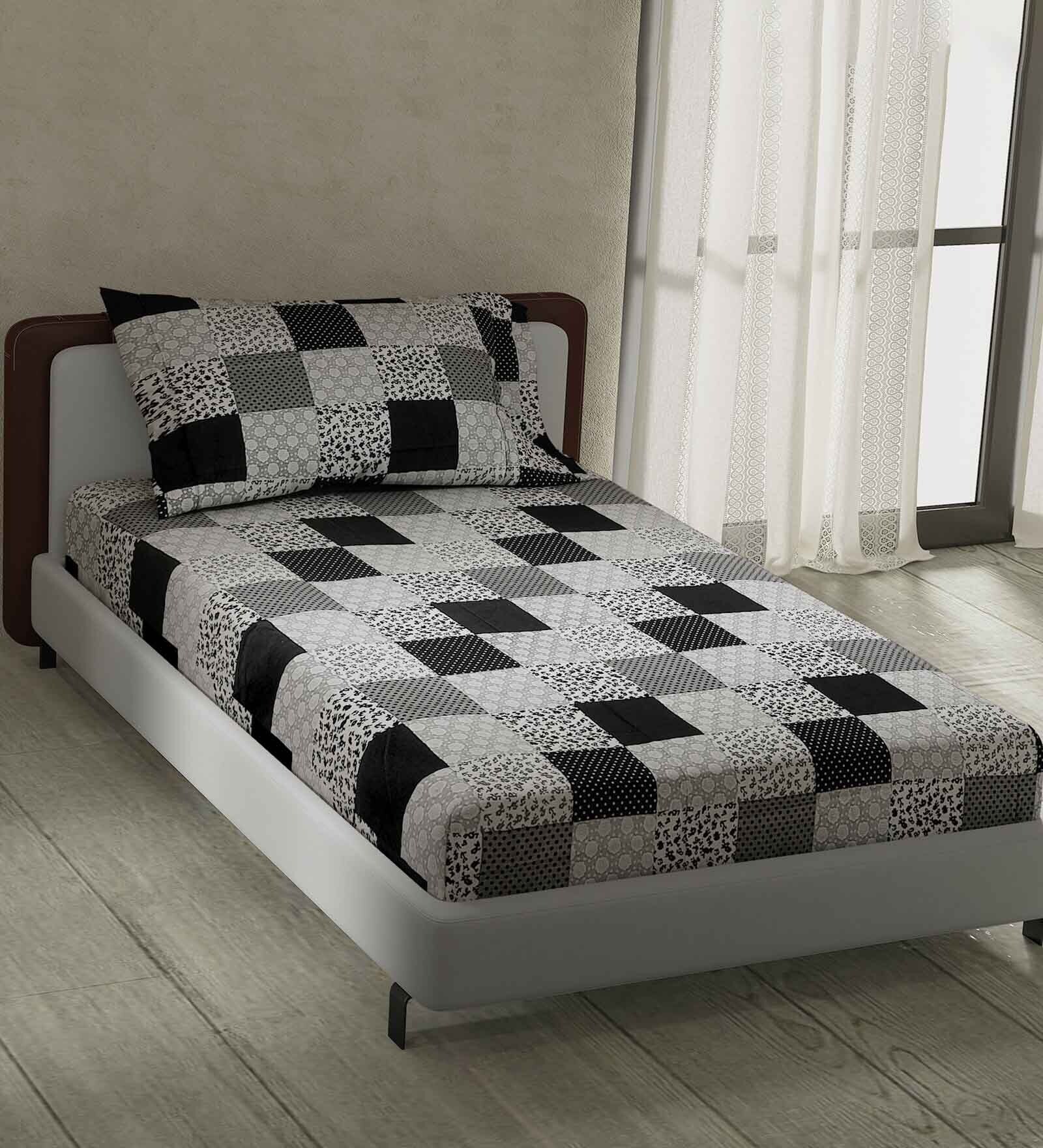 Buy Black and Grey Floral 180 TC Cotton Single Bedsheet with 1 Pillow Cover at 40% OFF by LABHAM ...