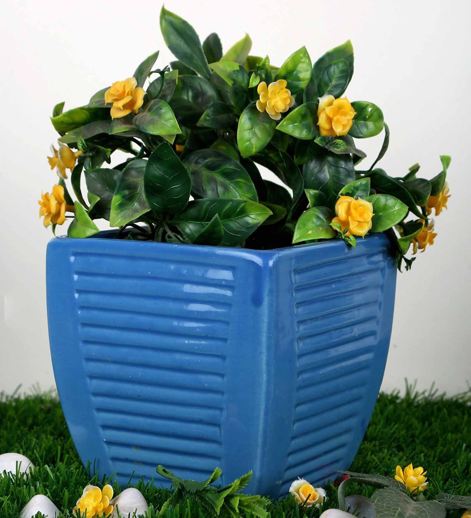 Buy Sky Blue Ceramic Line Tapper Shape Floor Planter by Justoriginals ...
