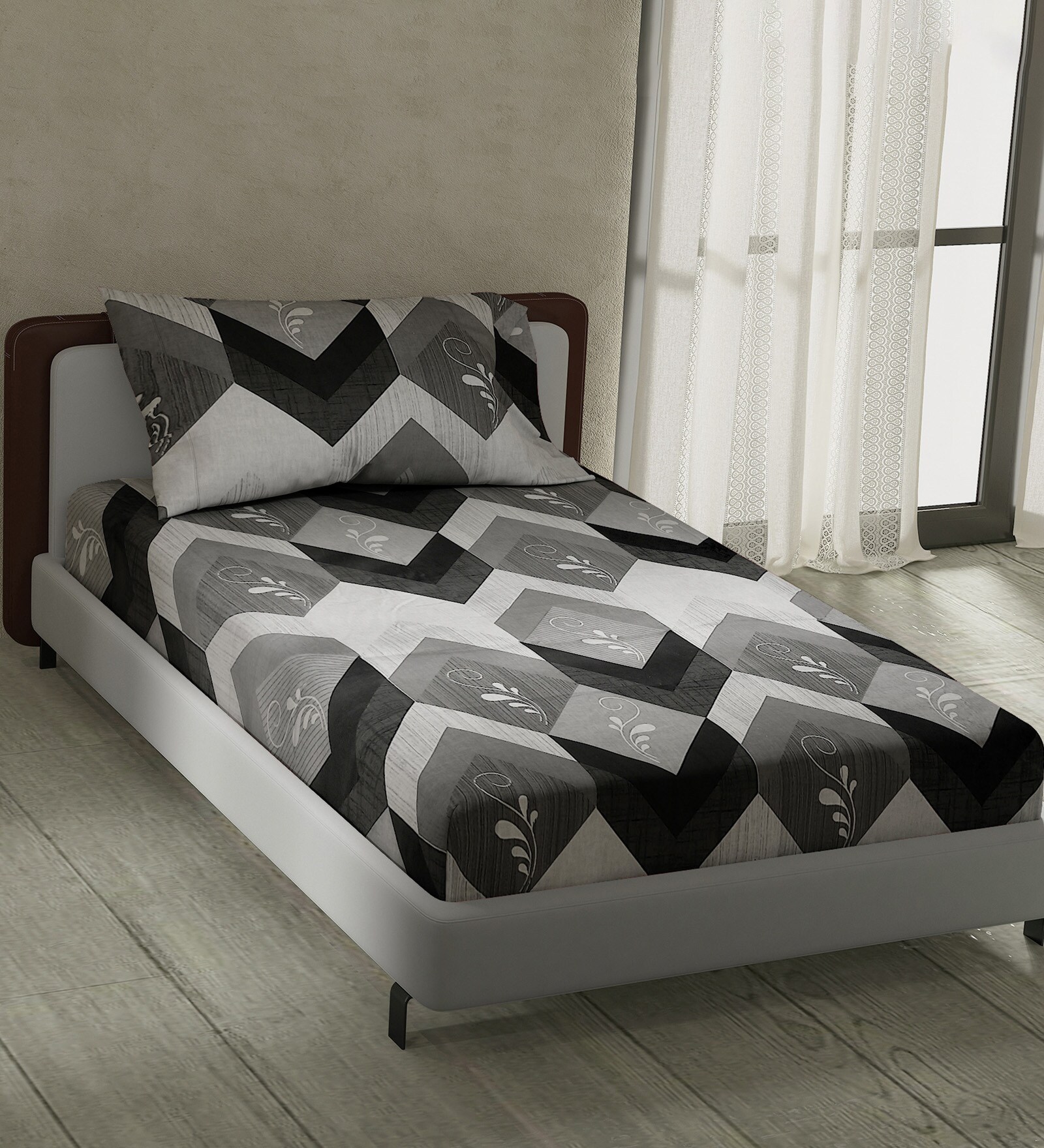 Buy Black and Grey Floral 180 TC Cotton Single Bedsheet with 1 Pillow Cover at 28% OFF by LABHAM ...