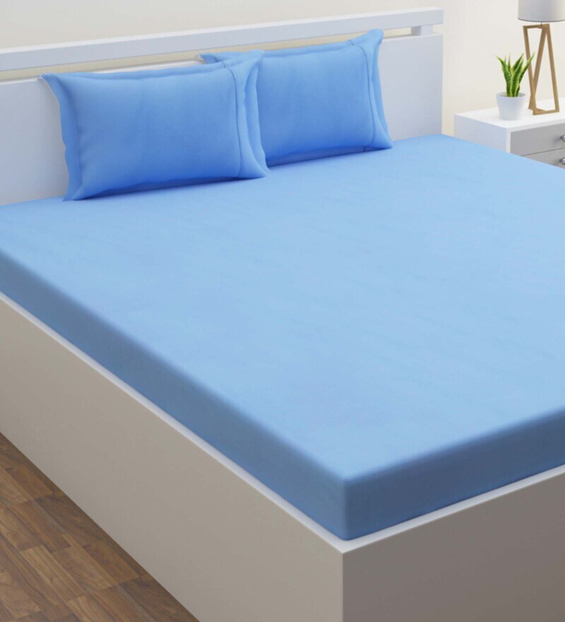 Buy Sky Blue Solid 400 TC Cotton 1 Bedsheet with 2 Pillow Covers By ...