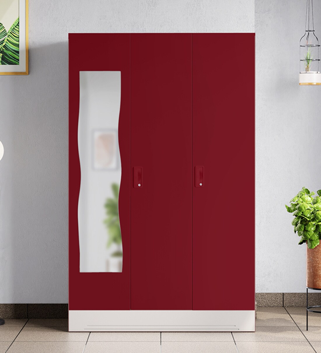Buy Slimline M4 Steel 3 Door Almirah in Textured Carmine Red Colour at ...